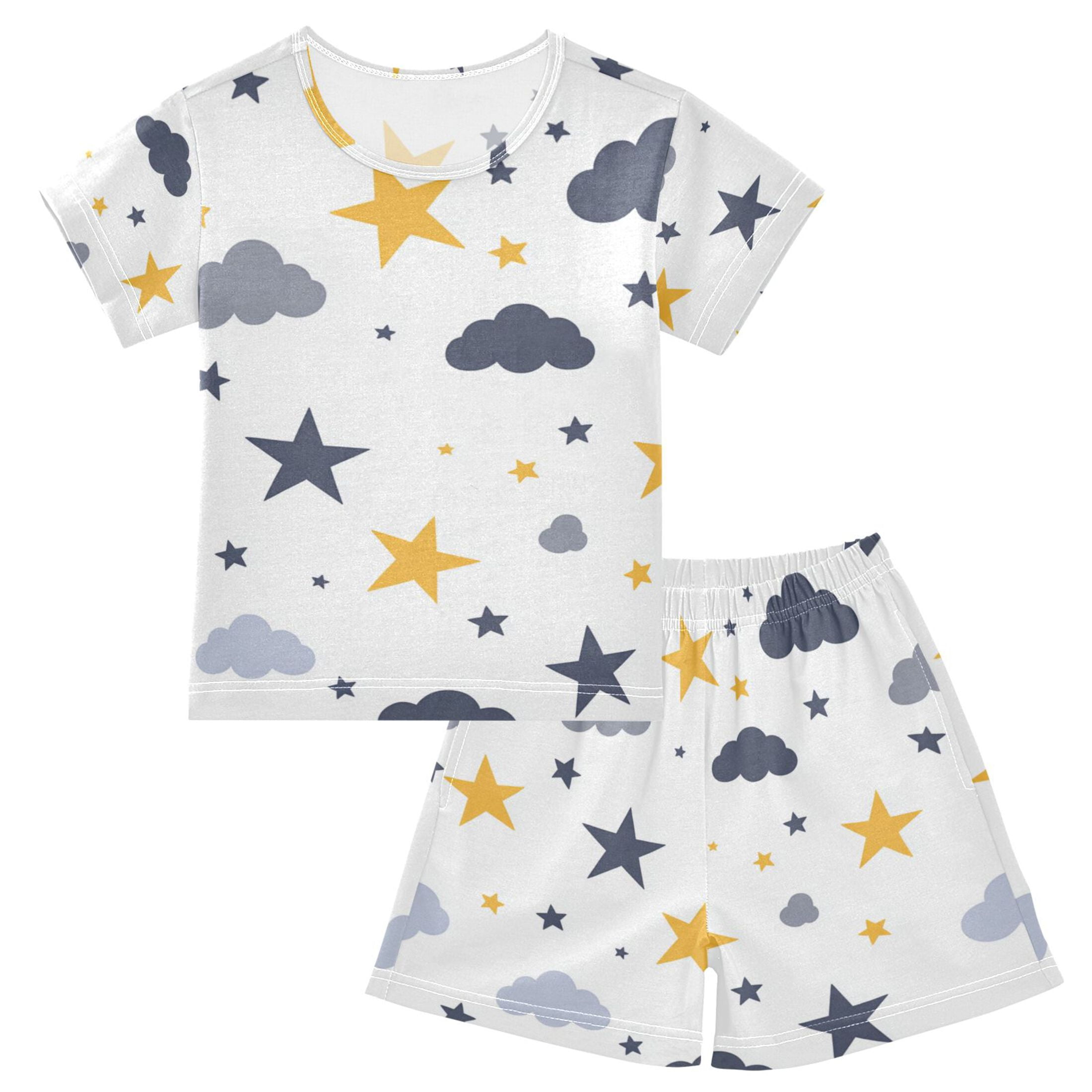 Stars and Clouds Drawn Summer Pajama Set Soft Cotton Short Sleeve ...
