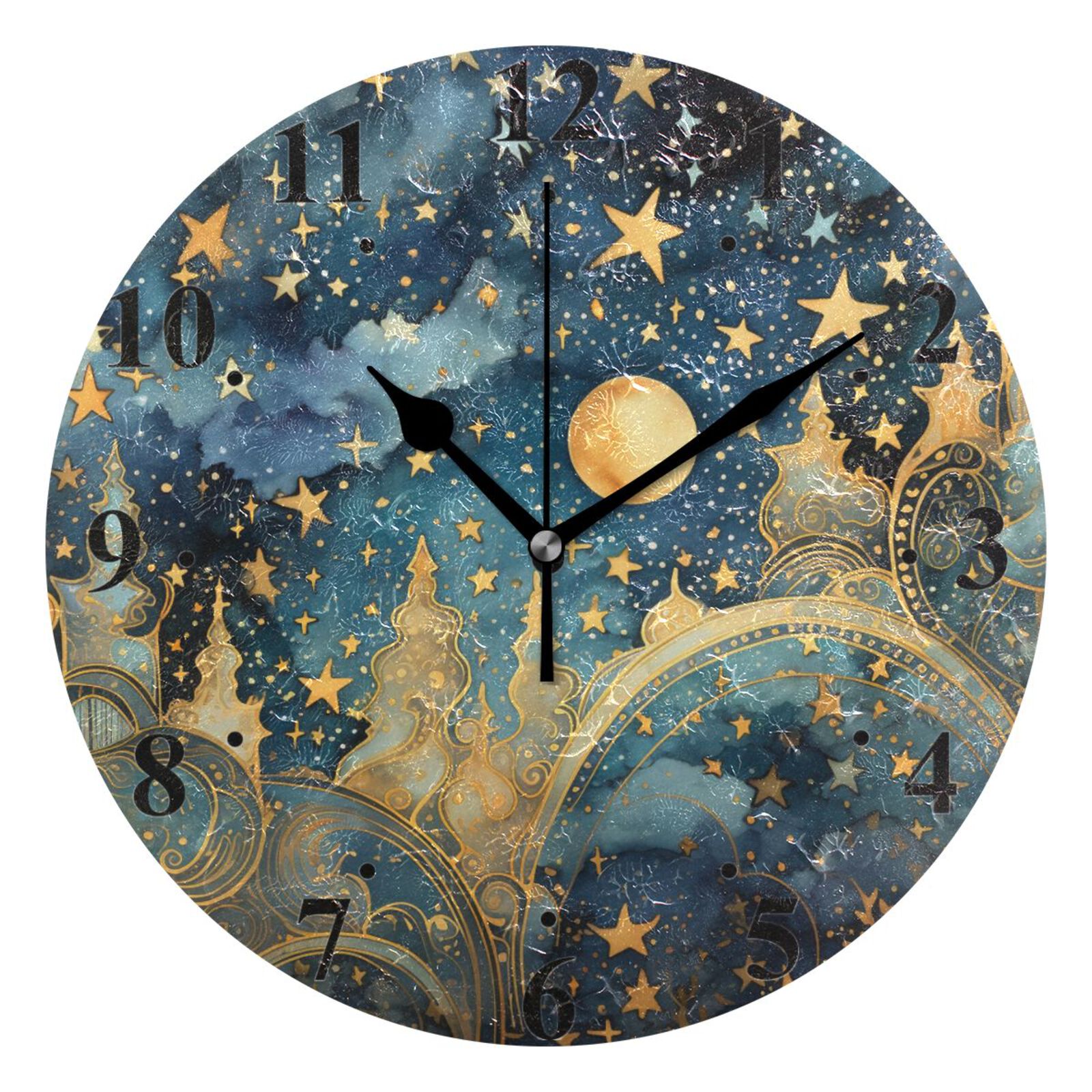 Stars and Moon in Starry Sky Black 10 inch Wall Clocks Non Ticking Easy ...