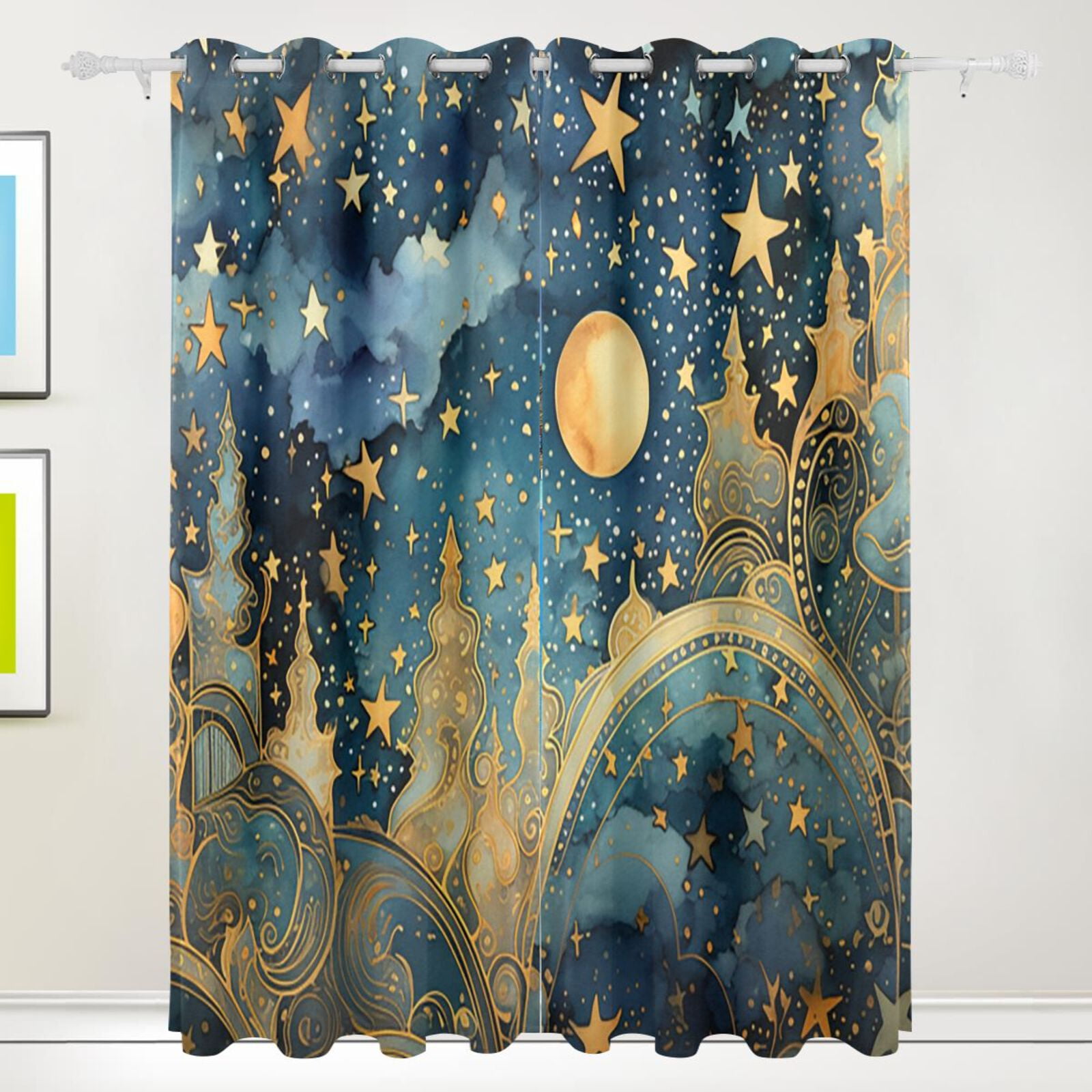 Stars and Moon in Starry Sky Black Out Curtains 72 Inch Length Curtains ...