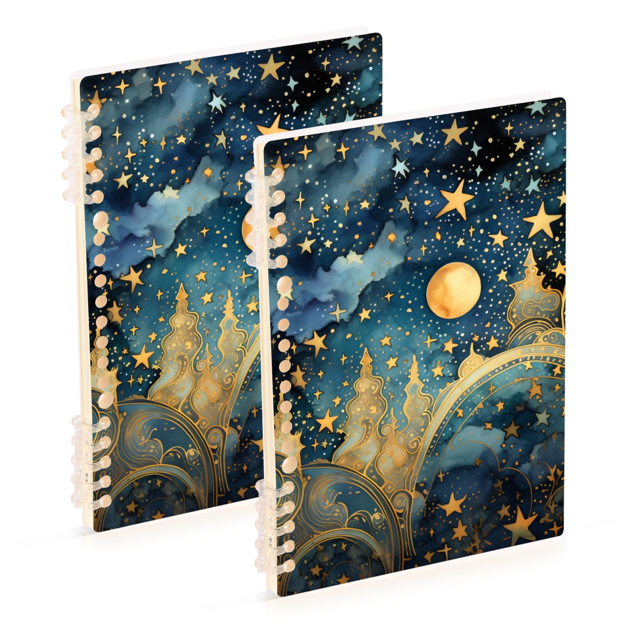Stars and Moon in Starry Sky Ring Binder Notebook Journey Note Diary College Ruled Spiral ...