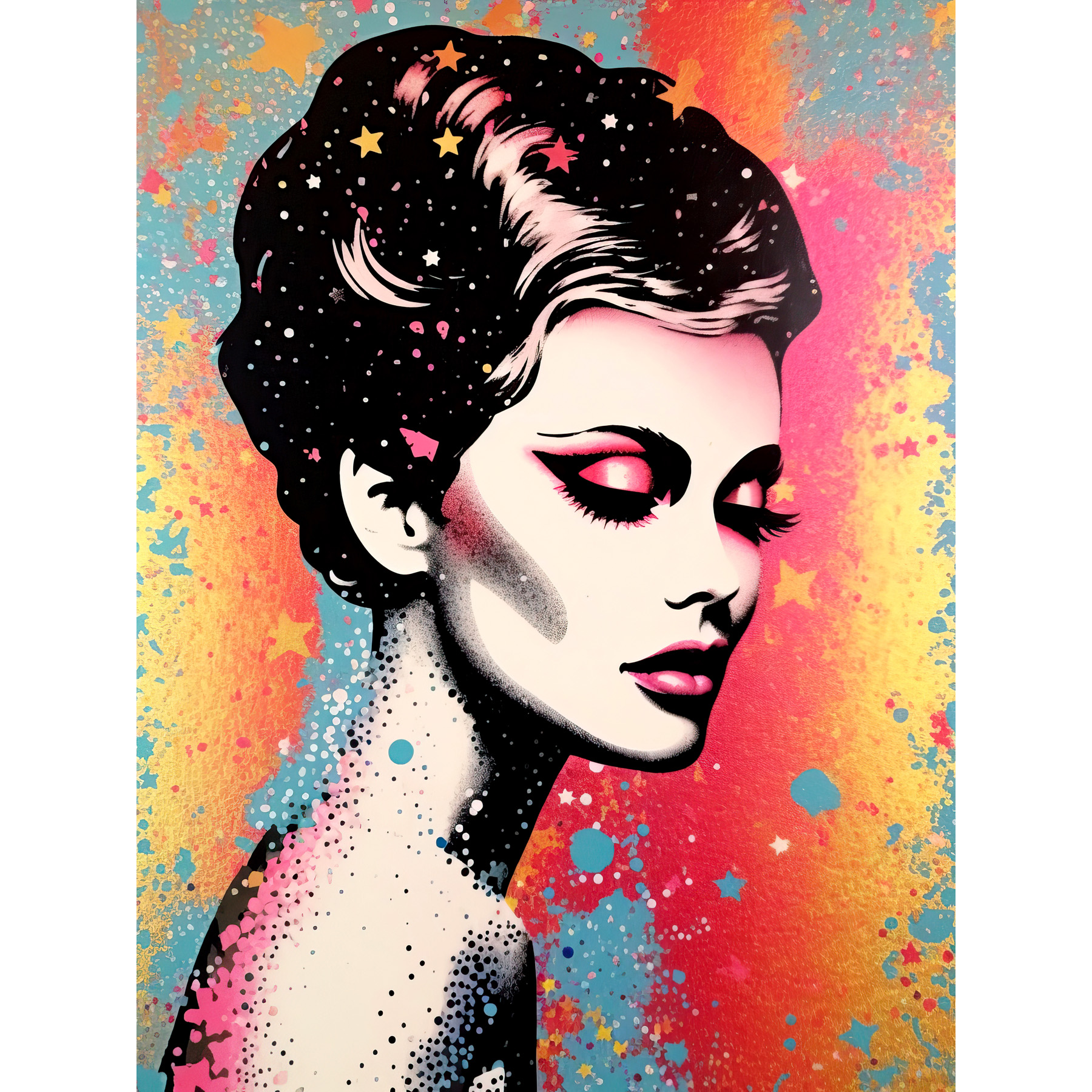 Stars in Hair Female Portrait Linocut Blue Yellow Pink Glam Glitter ...
