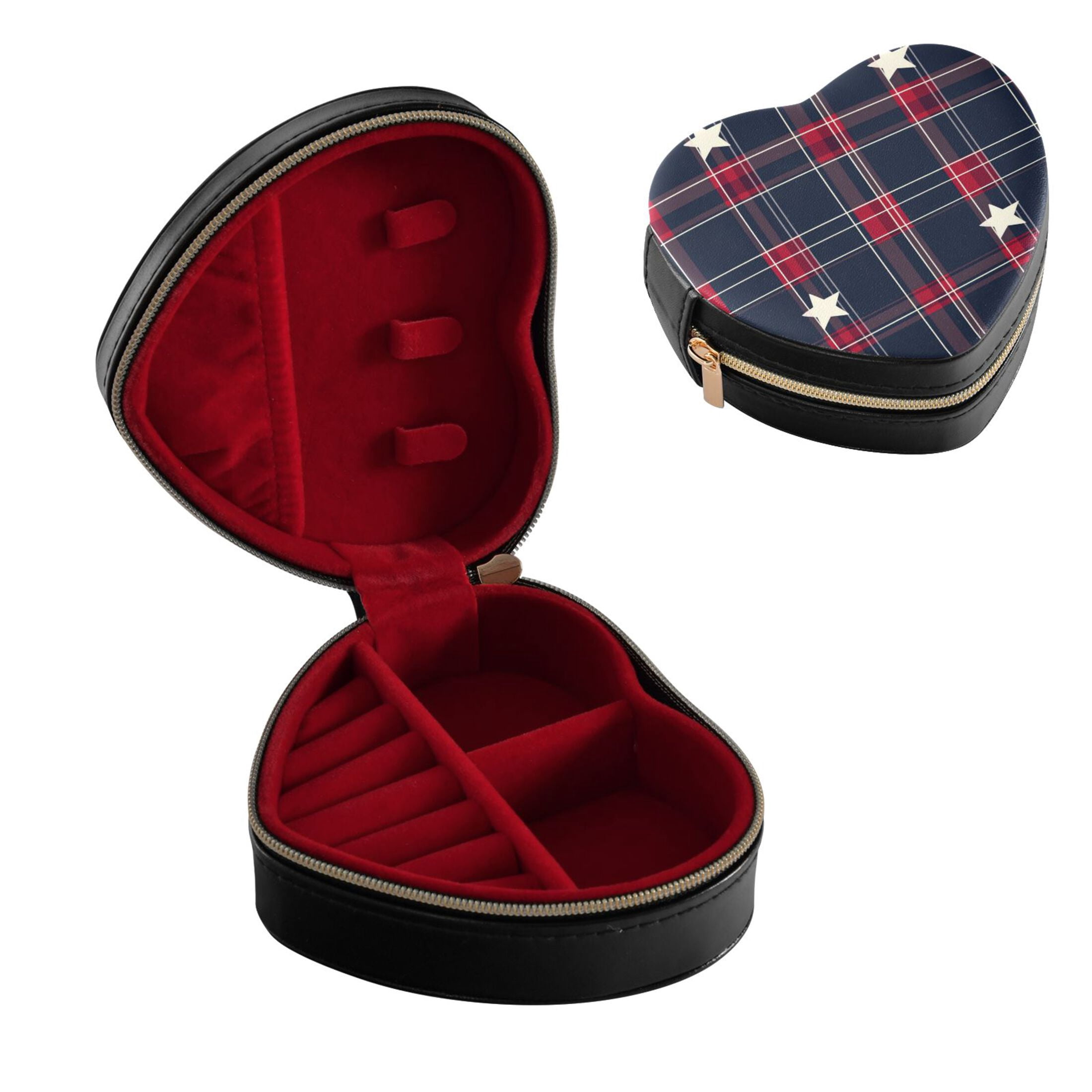 Stars on Red Blue Plaids PU Leather Heart-shaped Jewelry Box Jewel ...
