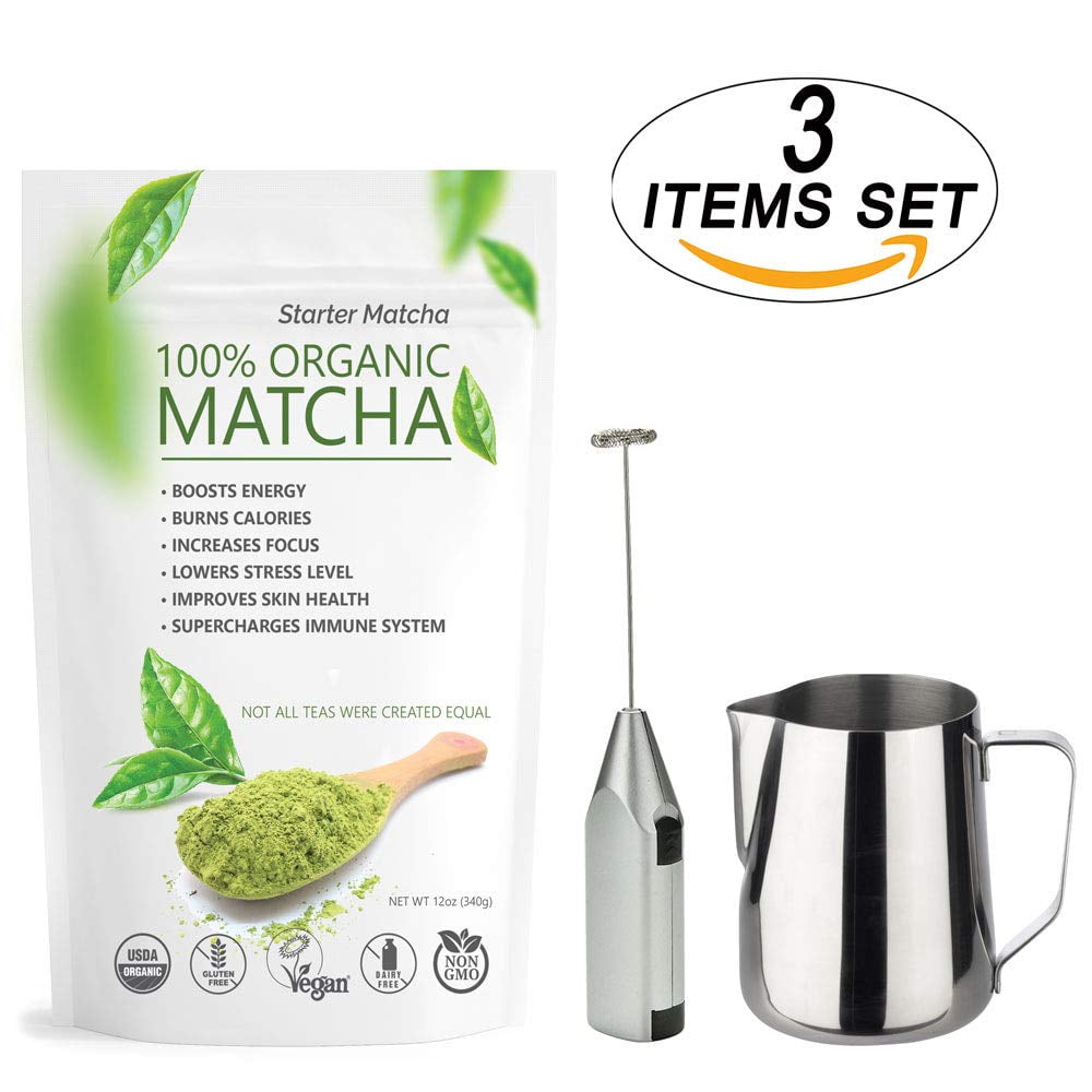 Matchaccino Starter Matcha Set: 12oz Organic Green Tea, Electric ...