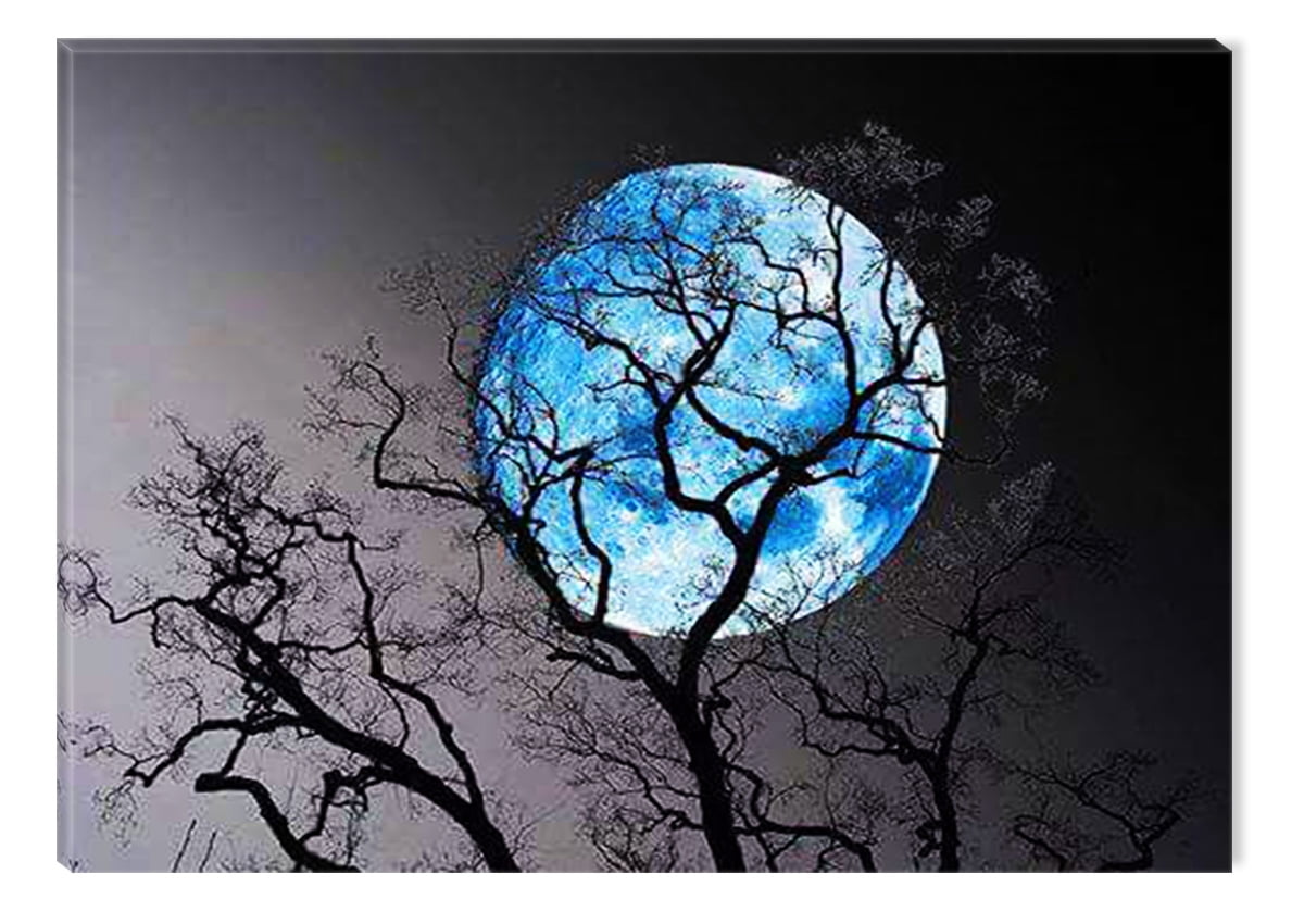 Startonight Canvas Wall Art Black and White Abstract Blue Moon and Tree ...