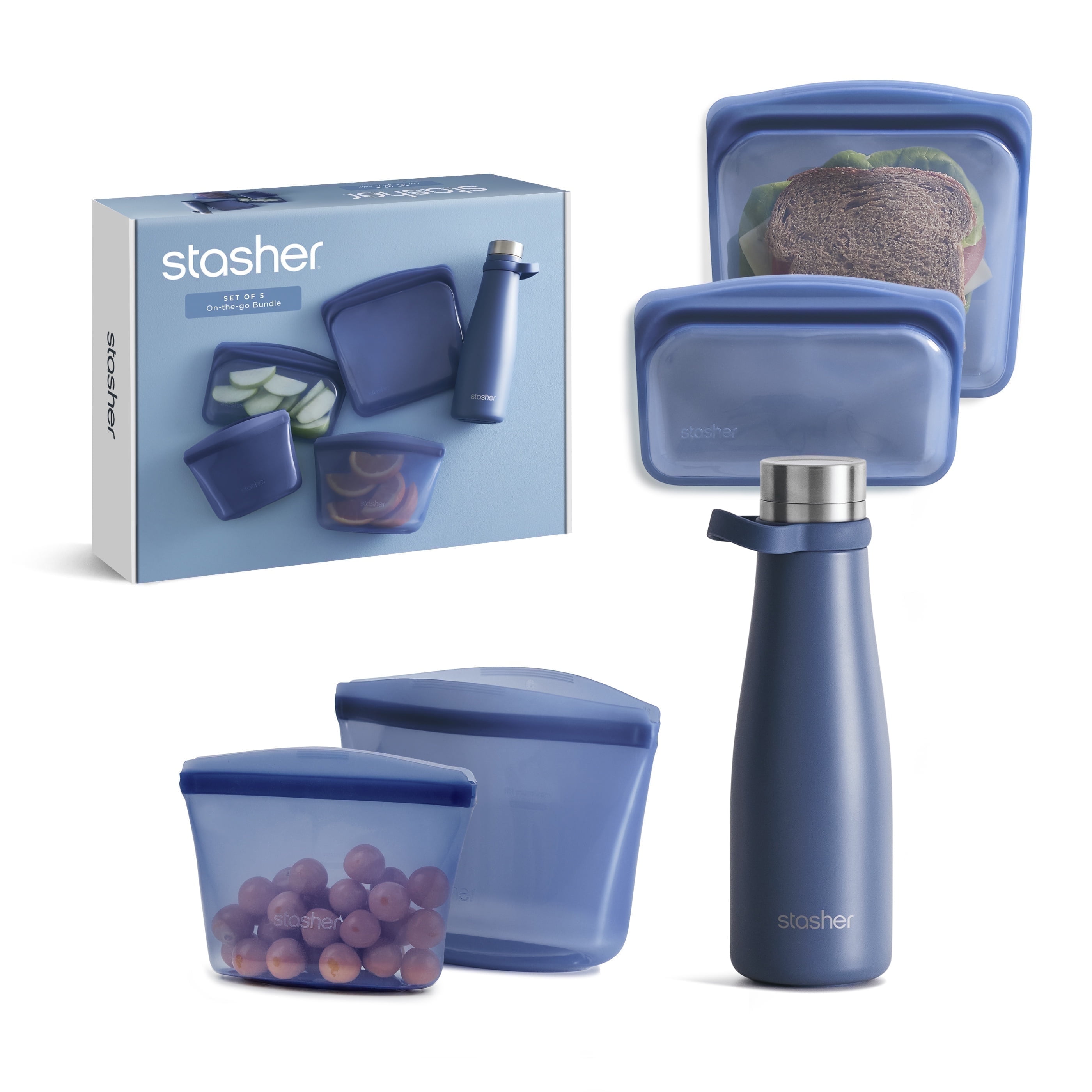 Stasher On-The-Go Boxed Starter Kit 5-Pack, Premium Silicone Reuseable Food Storage Bags & Water ...