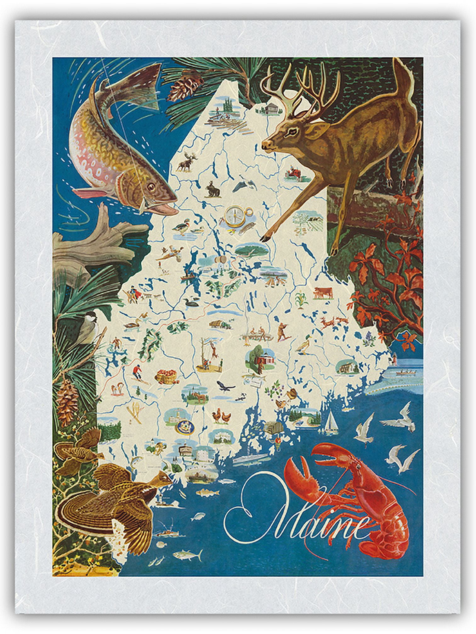 State of Maine Wildlife Map - New England - Vintage Pictorial Map by J ...