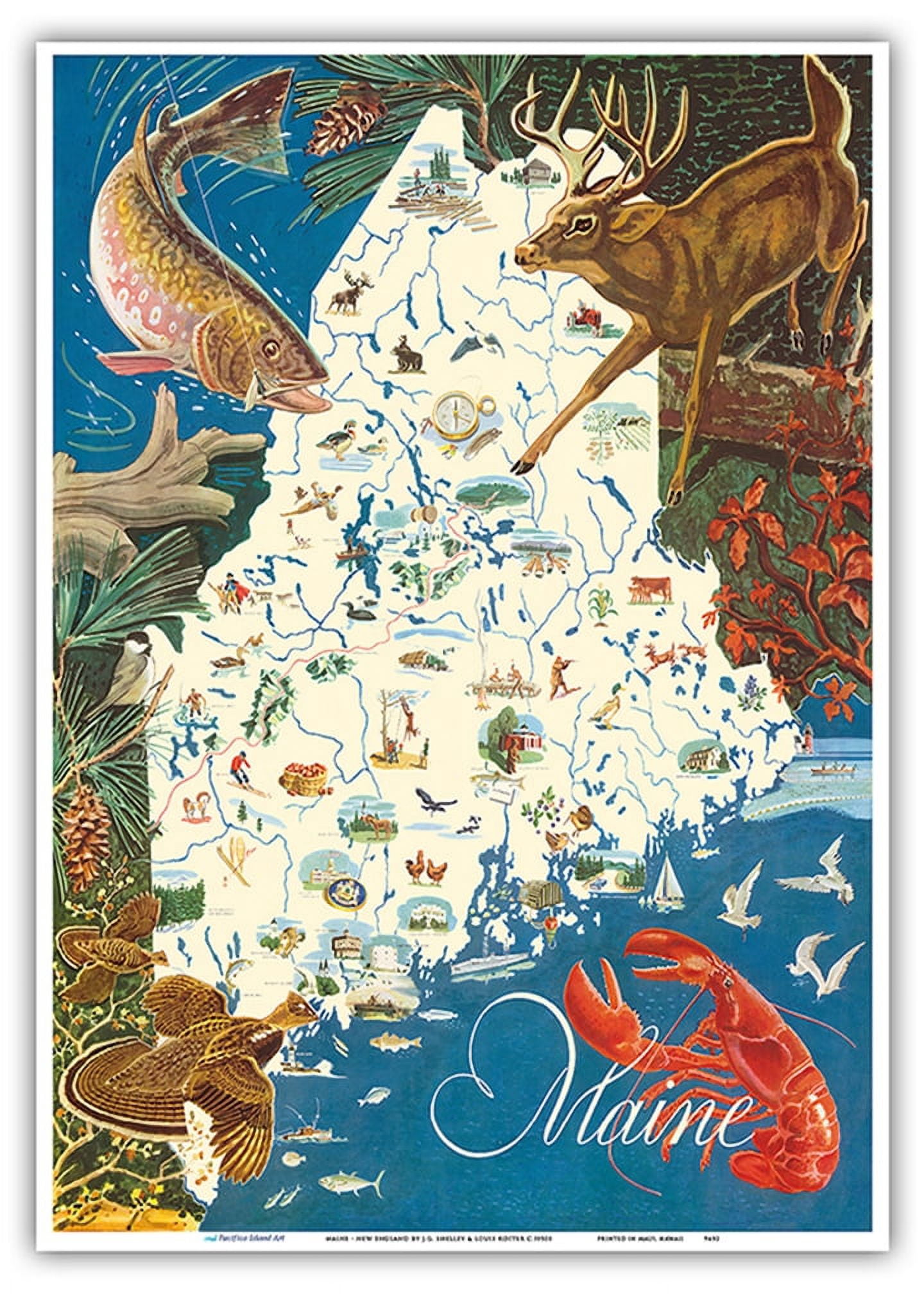 State of Maine Wildlife Map - New England - Vintage Pictorial Map by J ...