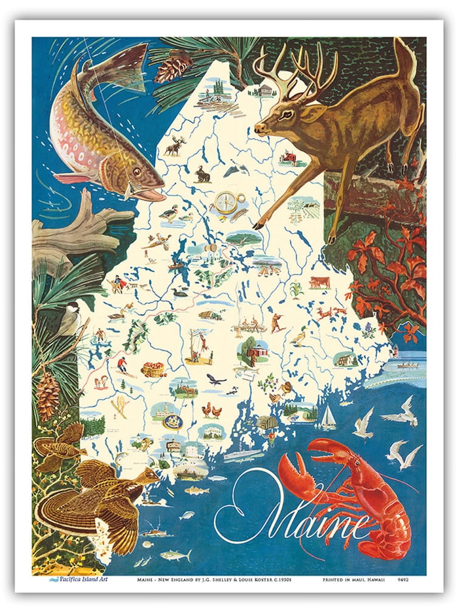 State of Maine Wildlife Map - New England - Vintage Pictorial Map by J ...