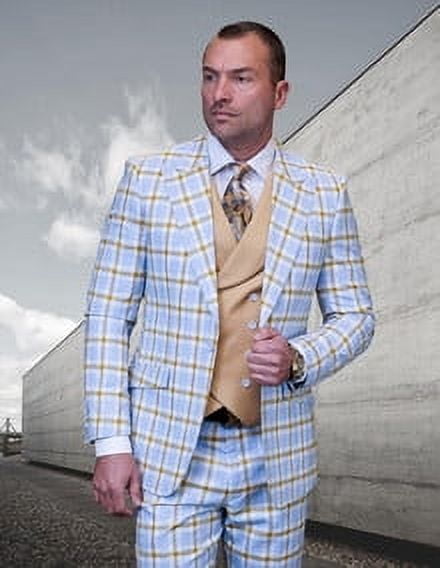 Statement Men's Blue Loud Plaid Wool Modern Fit Suit 3 Piece Kariza ...