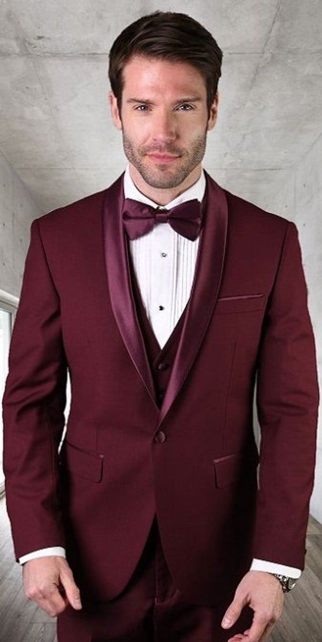 Statement Mens 3 Piece Burgundy Shawl Collar Modern Fit Tuxedo TUX-SH ...
