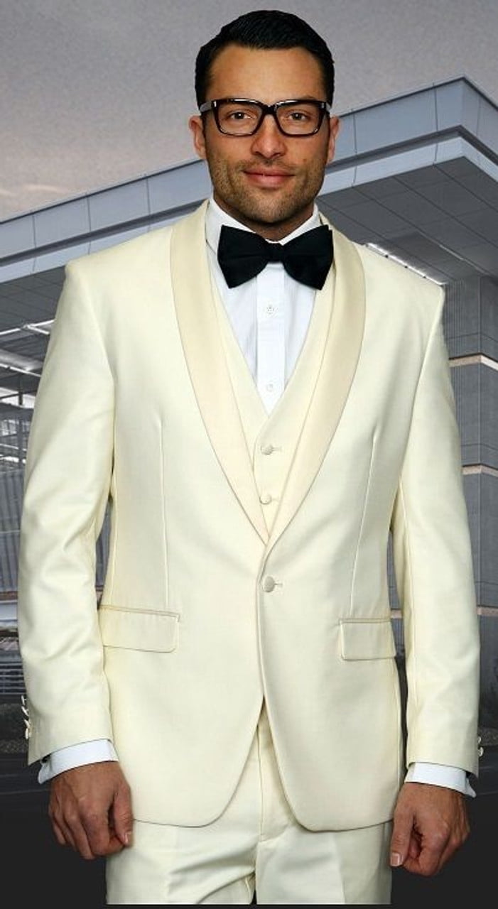 Statement Mens 3 Piece Off White Shawl Collar Modern Fit Tuxedo TUX-SH ...