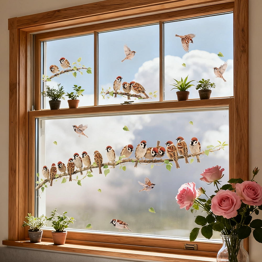 Static Window Clings Sparrow and Branches 1 Sheet Reusable Window ...