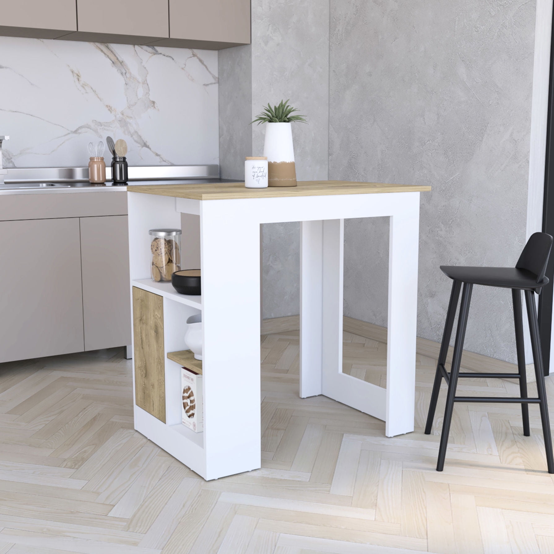 Stationary Kitchen Island | Push-to-Open & Side Shelving | Multicolor ...