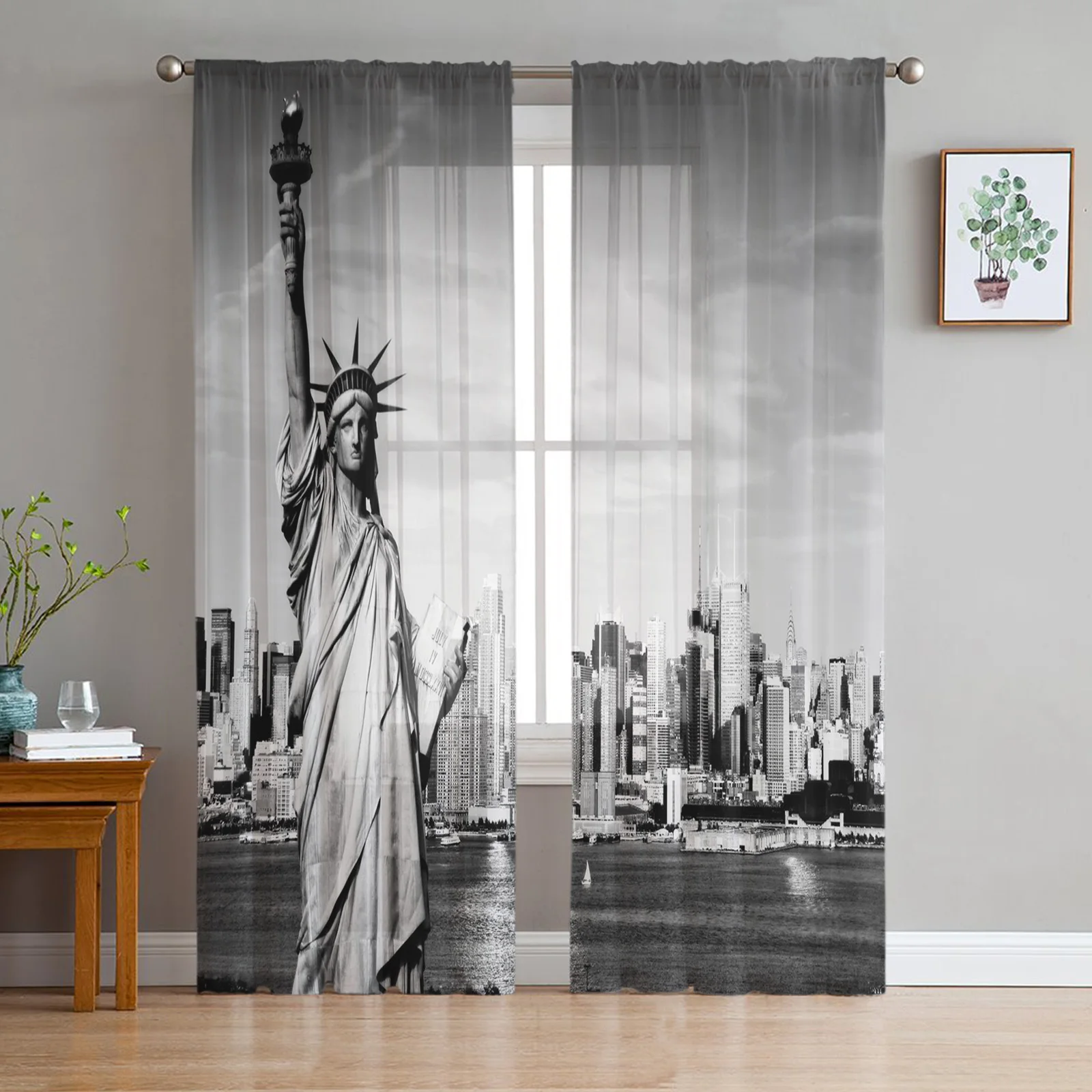Statue Of Liberty Black White Tulle Window Curtains Living Room Organza ...