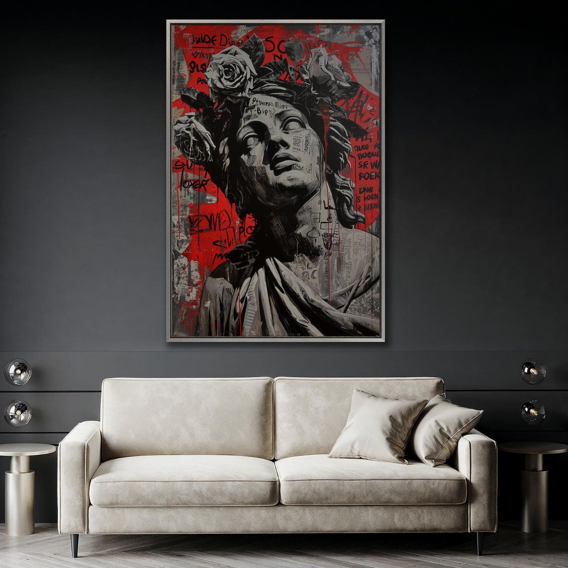 Statue With Roses Poster: Modern Graffiti Street Art, Unframed Canvas ...