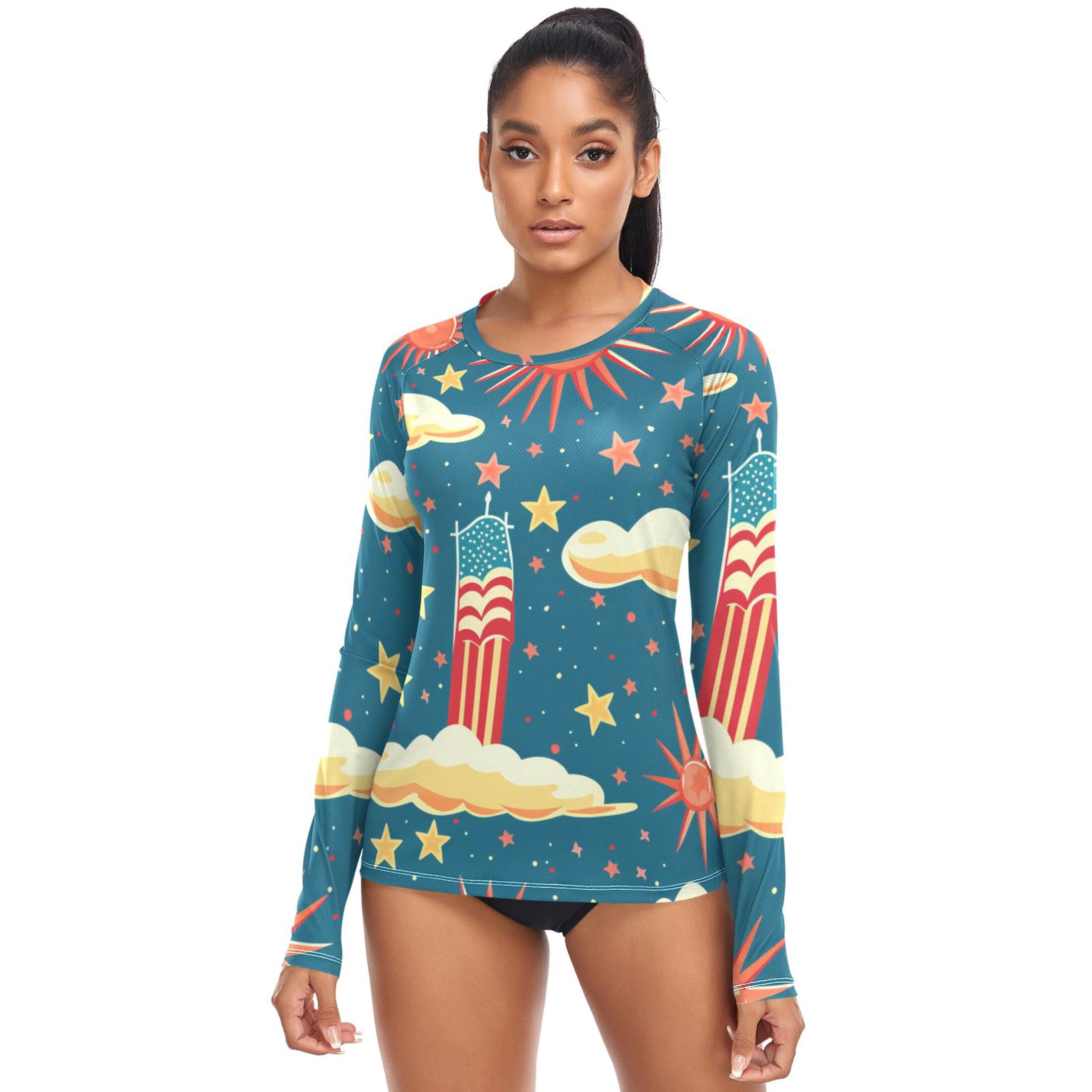 Statue with Sky Elements Women's Rash Guard Shirts UPF 50+ Sun ...