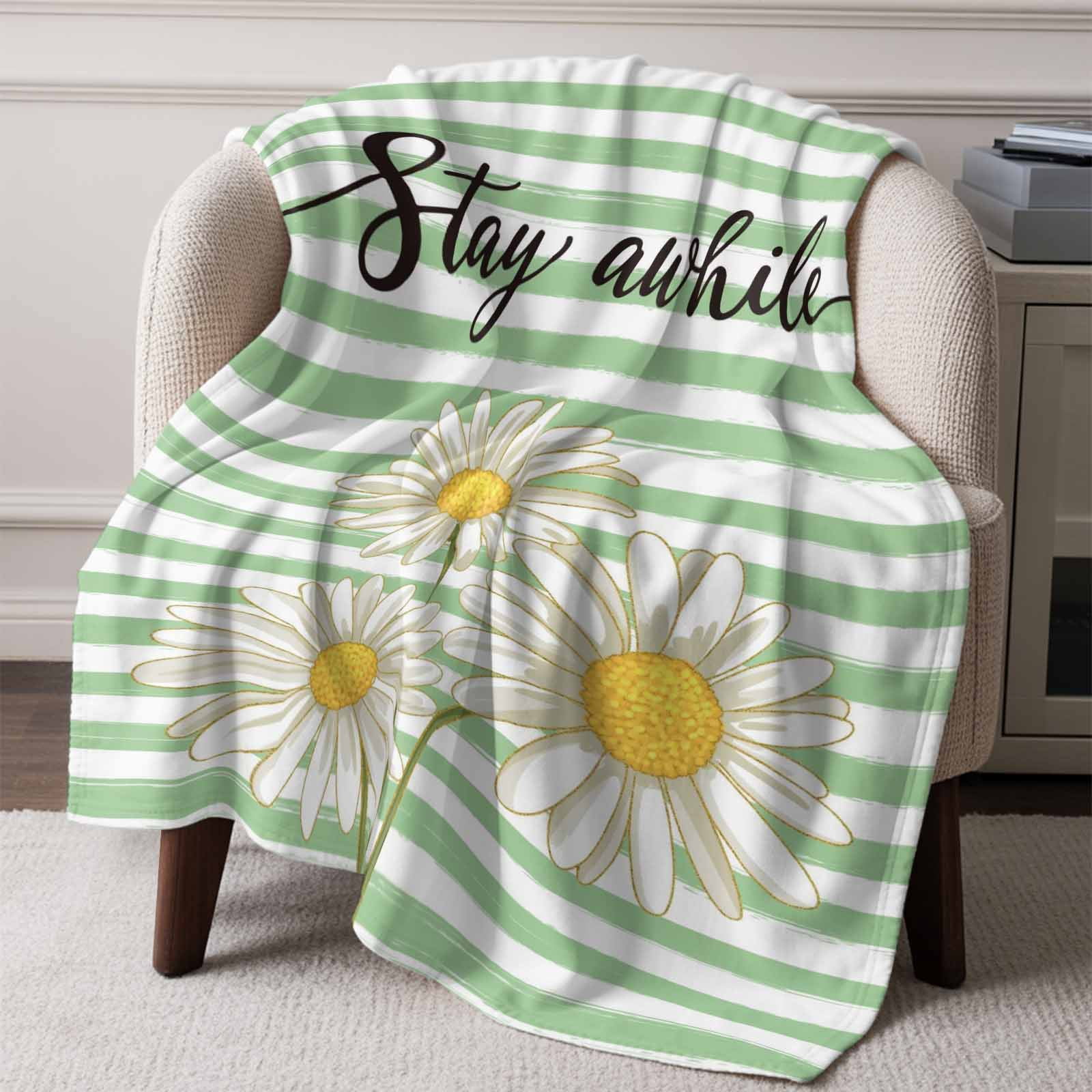Stay Awhile Words on Green Striped Throw Blanket Flannel Fleece Throws ...