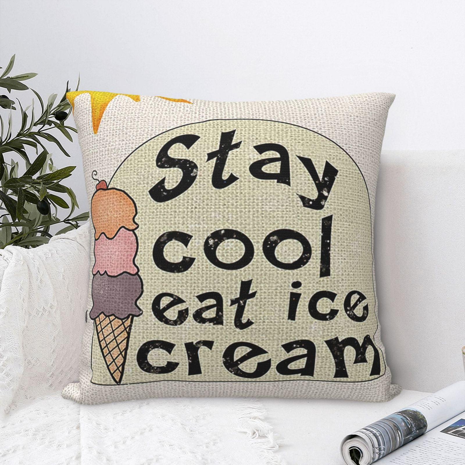 Stay Cool Eat Ice Cream Throw Pillow Covers Sofa Rustic Home Decor For ...