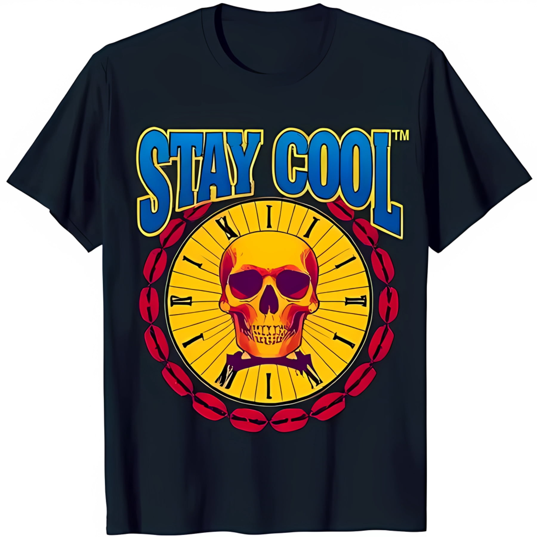 Stay Cool Graphic T-Shirt Dark Blue Tee with Clock Design & Red Chains ...