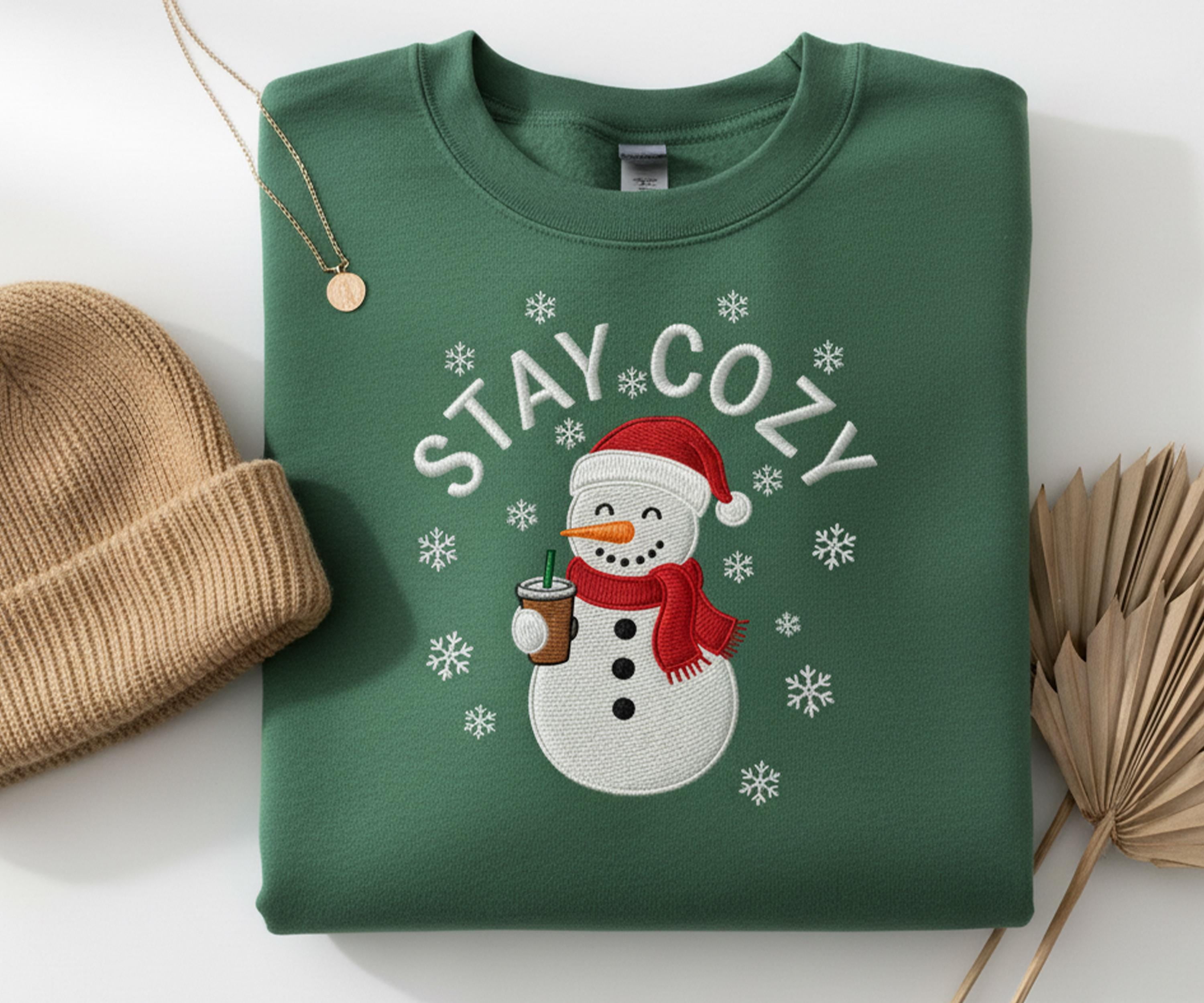 Stay Cozy Snowman Embroidered Sweatshirt, Christmas Winter Crewneck ...