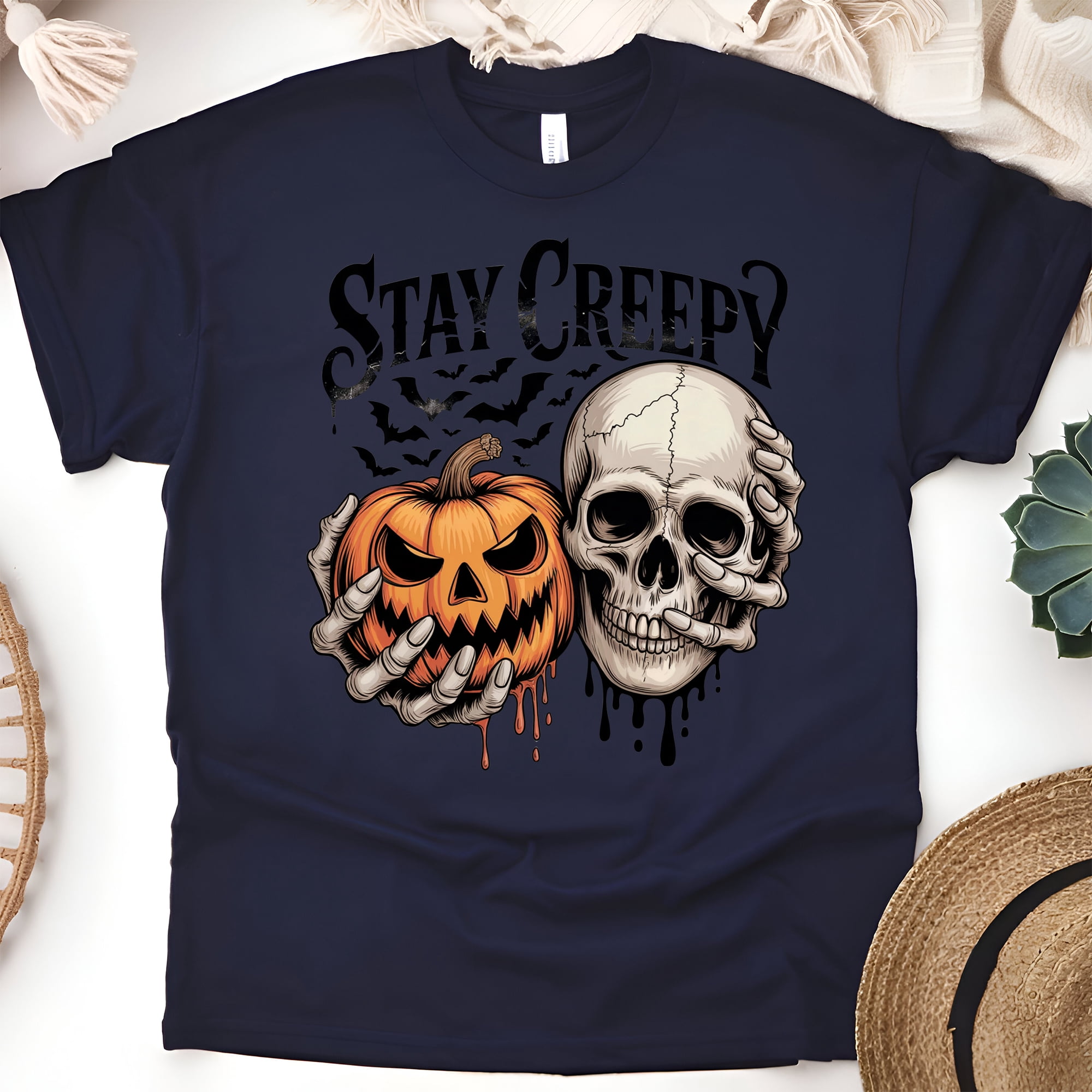 Stay Creepy T-Shirt | Skull and Pumpkin Gothic Halloween Graphic Tee ...