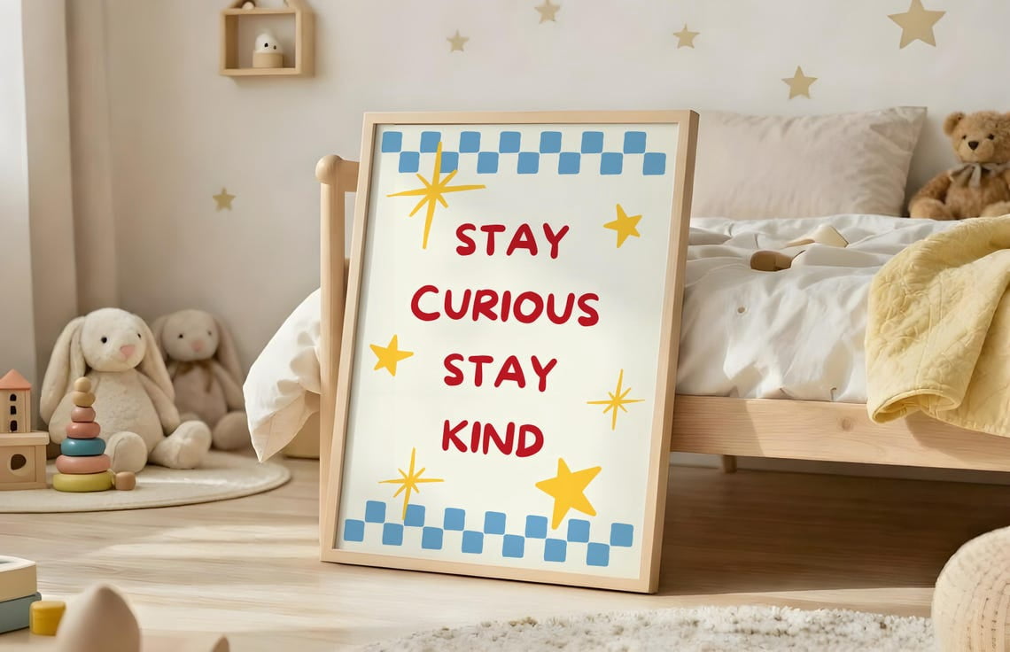 Stay Curious Stay Kind Blue Checkerboard Kids Room Primary Colors ...