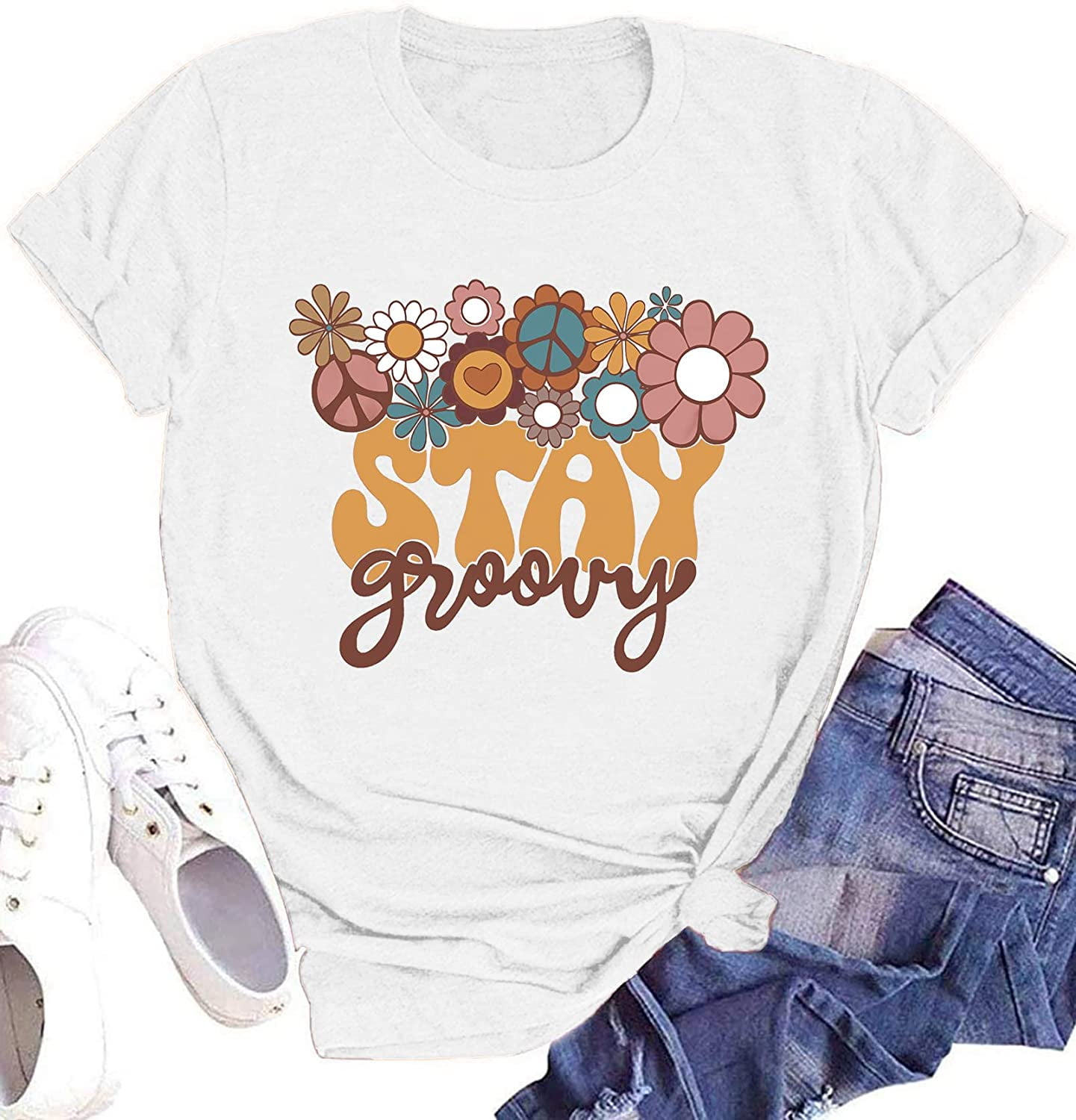 Stay Groovy Shirt for Womens Floral Graphic Retro Shirts Hippie 70s Tee ...