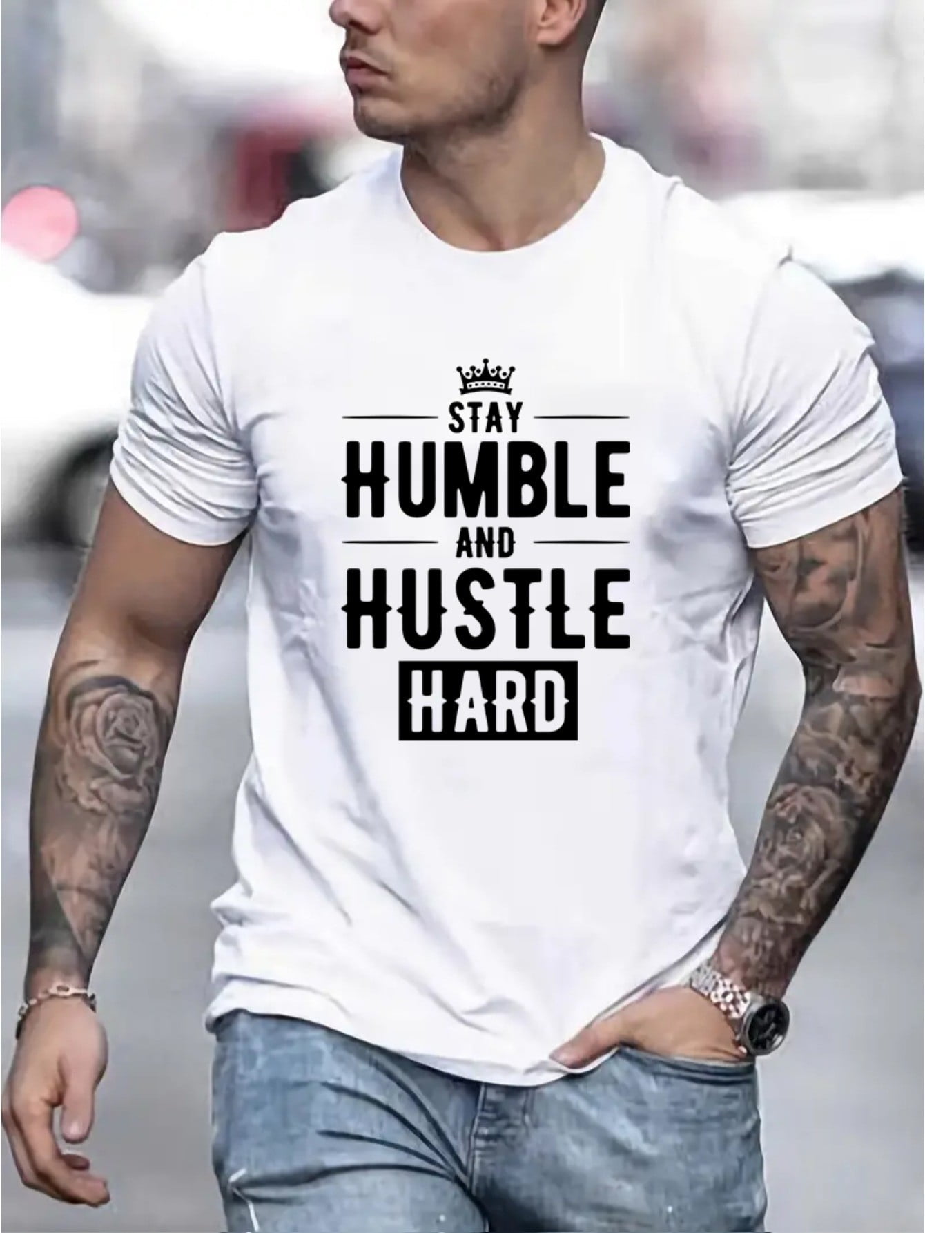 Stay Humble Hustle Creative Stylish Pattern Men's Round Crew Neck Short ...