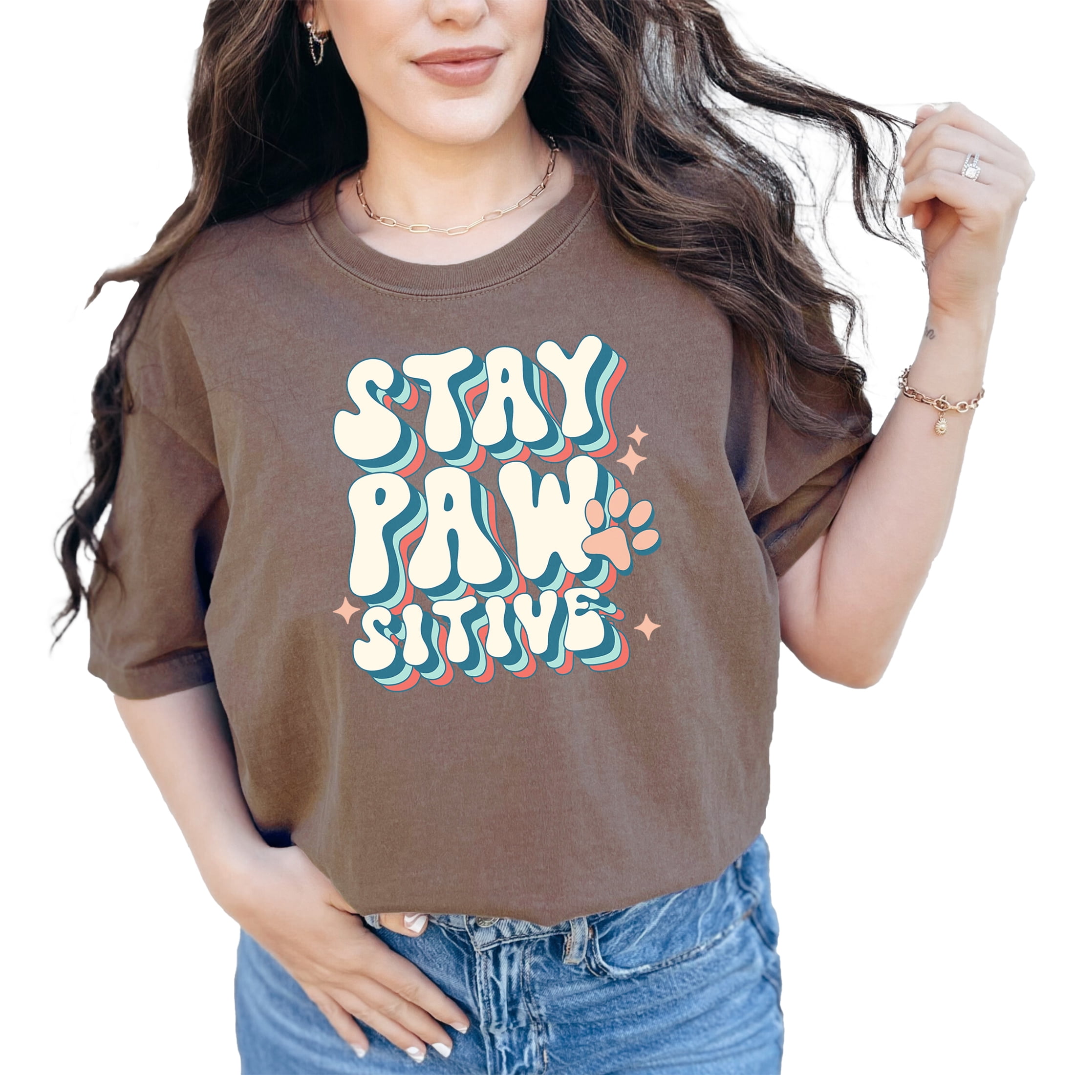 Stay Pawsitive Pun, Groovy Text & Dog or Cat Paw Art Merch, Espresso ...