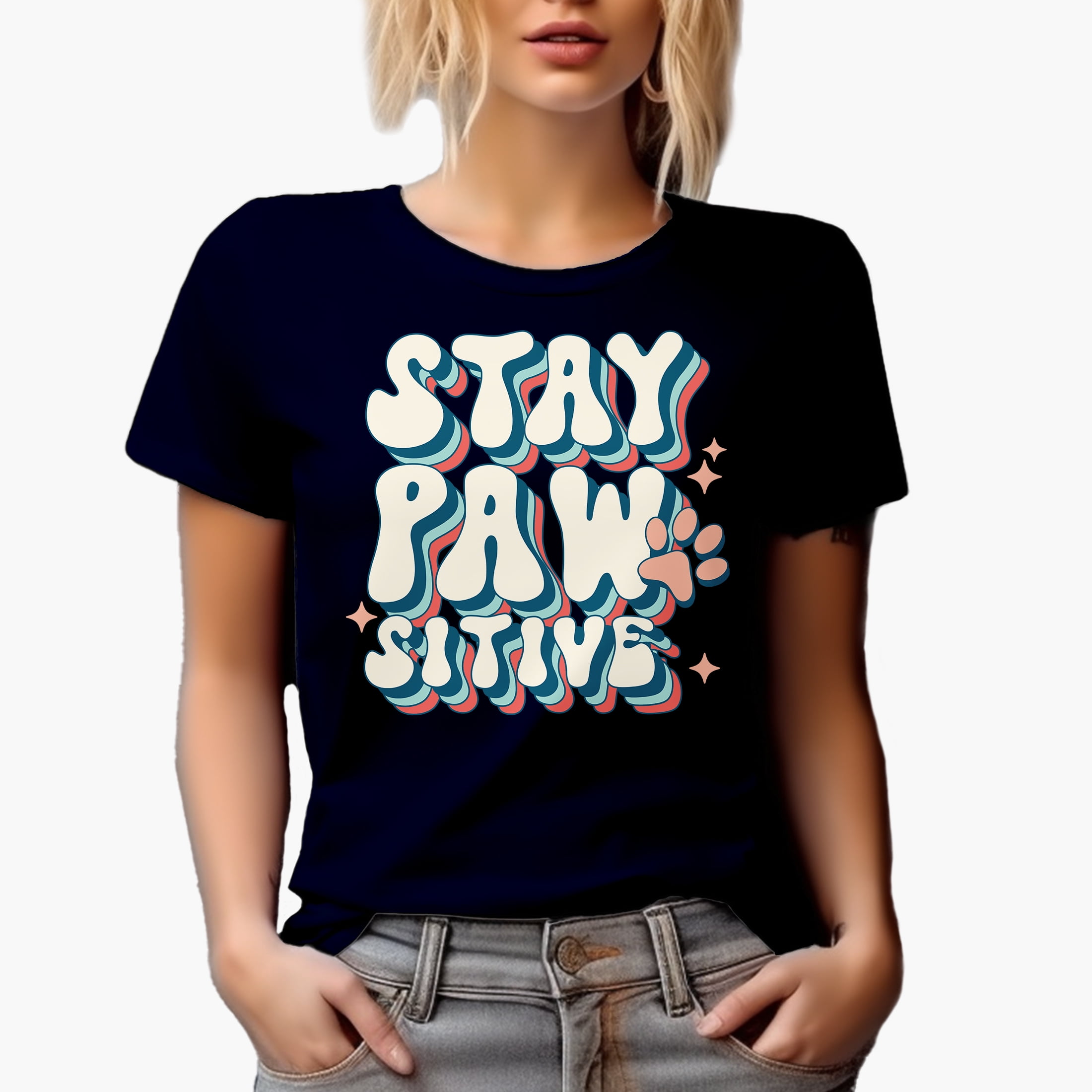 Stay Pawsitive Pun, Groovy Text & Dog or Cat Paw Art Merch Gift, Navy ...