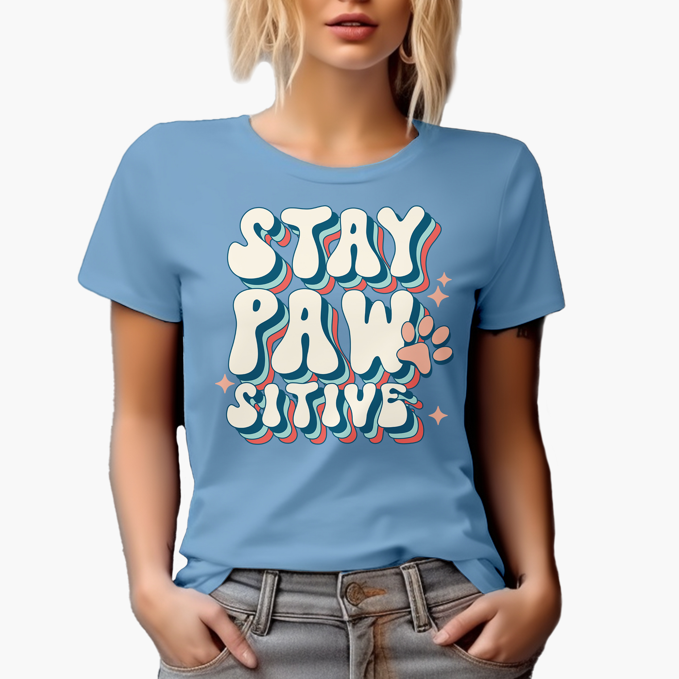 Stay Pawsitive Pun with a Dog or Cat Paw Art Merch Gift, Baby Blue T ...