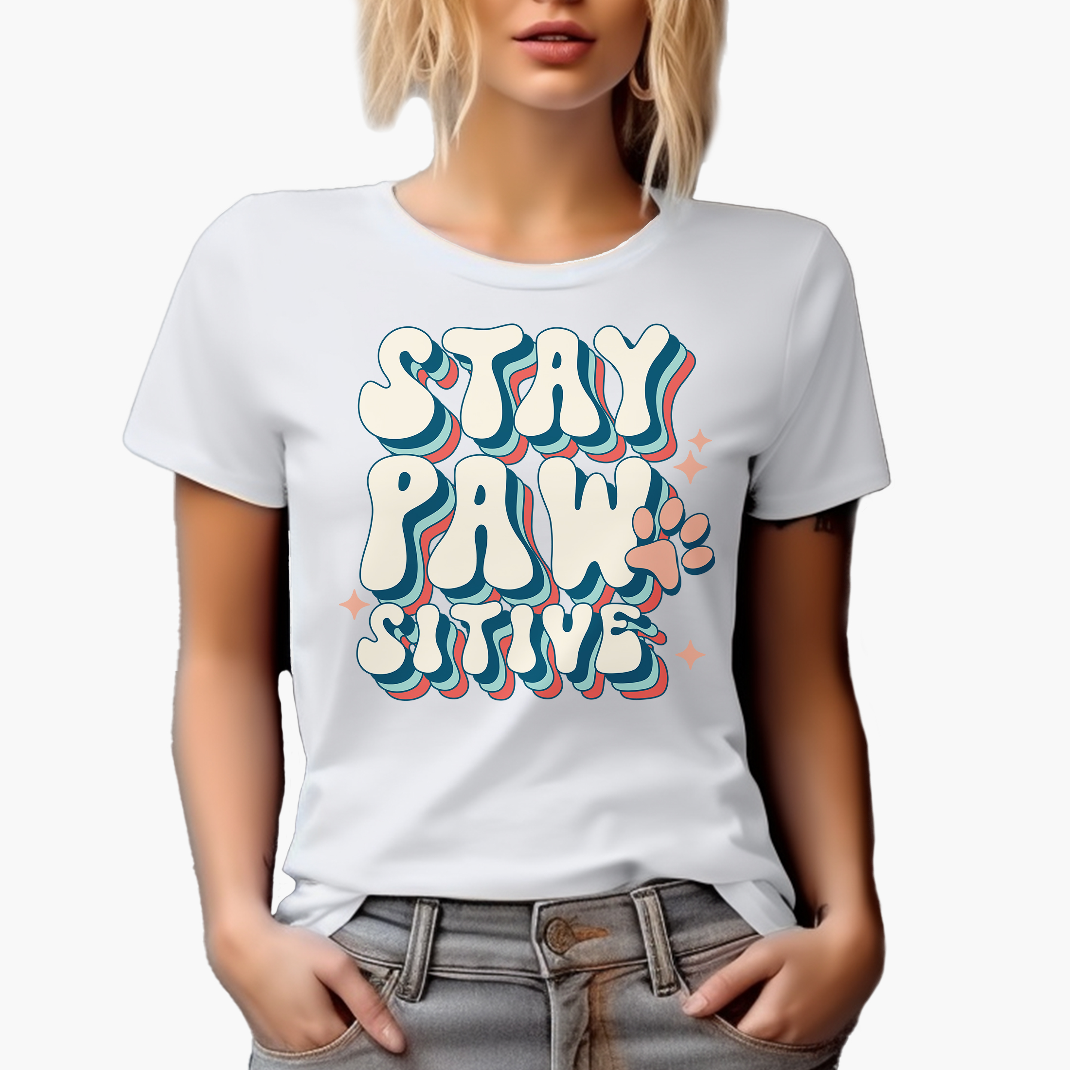 Stay Pawsitive Pun with a Dog or Cat Paw Art Merch Gift, White T-Shirt ...