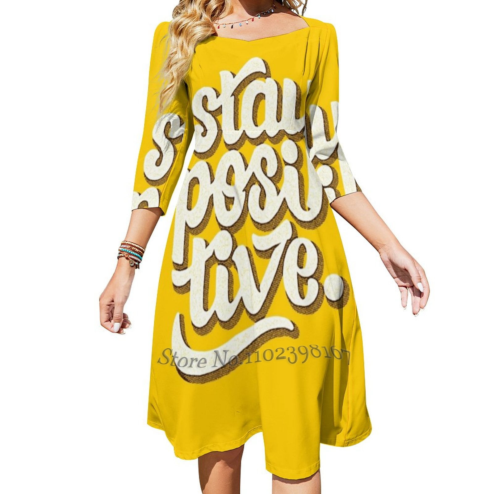 Stay Positive-Hand Lettering Retro Type Design Square Neck Dress Sweet ...