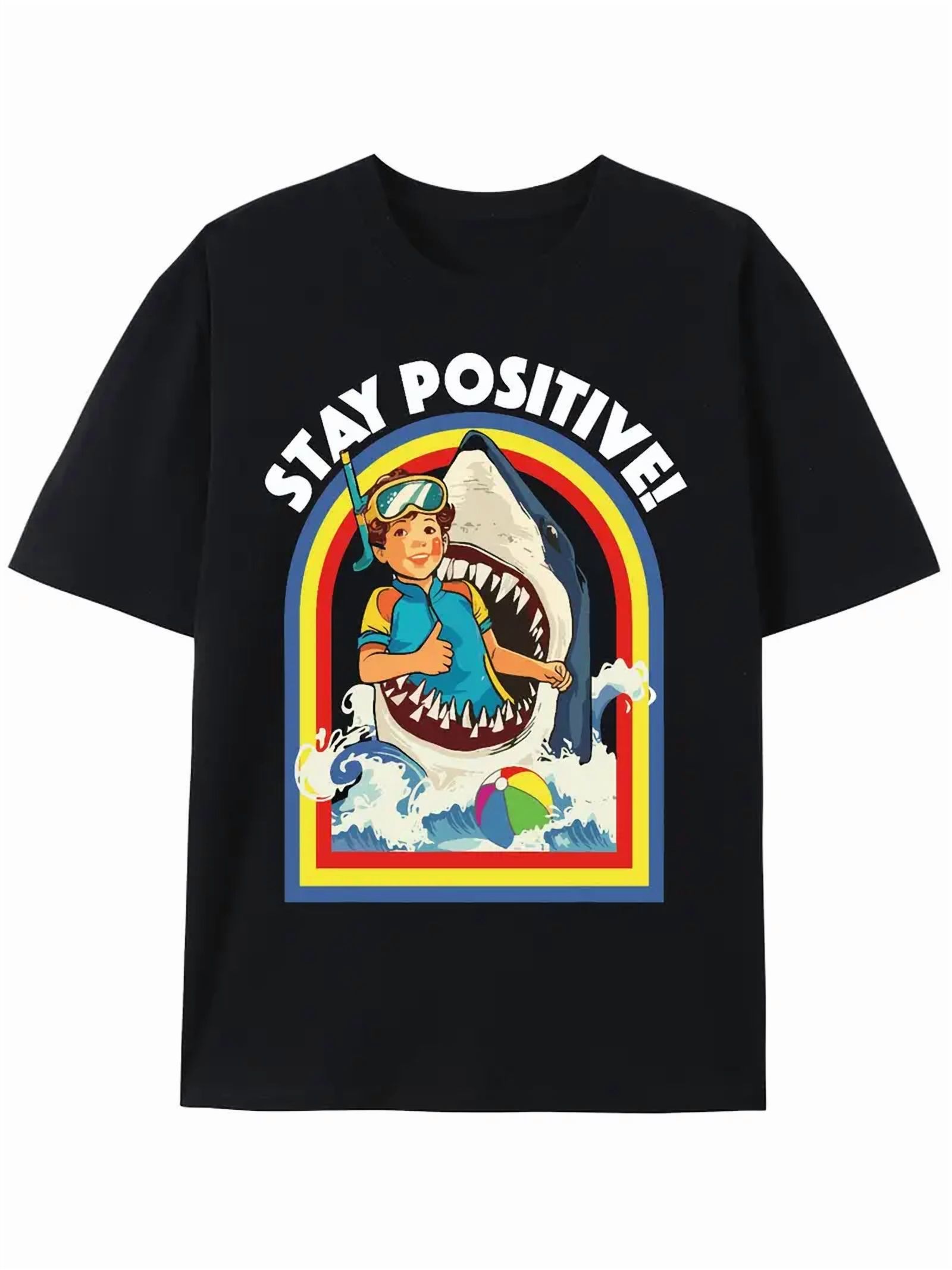 Stay Positive Shark Lovers Graphic T-Shirt - Black, Short Sleeve ...