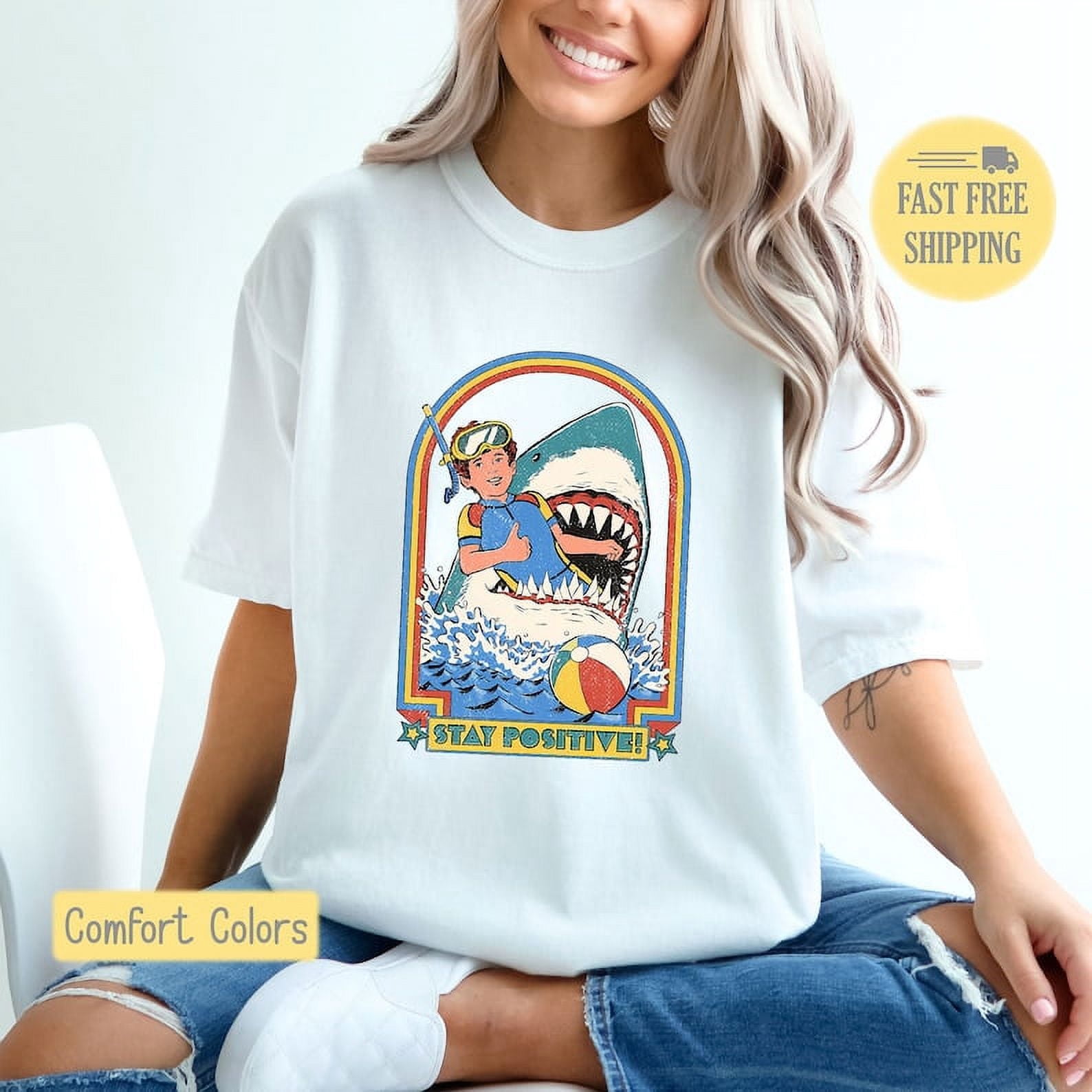 Stay Positive Shark Shirt, Vintage Shark Tee, Shark Week Graphic Tee ...