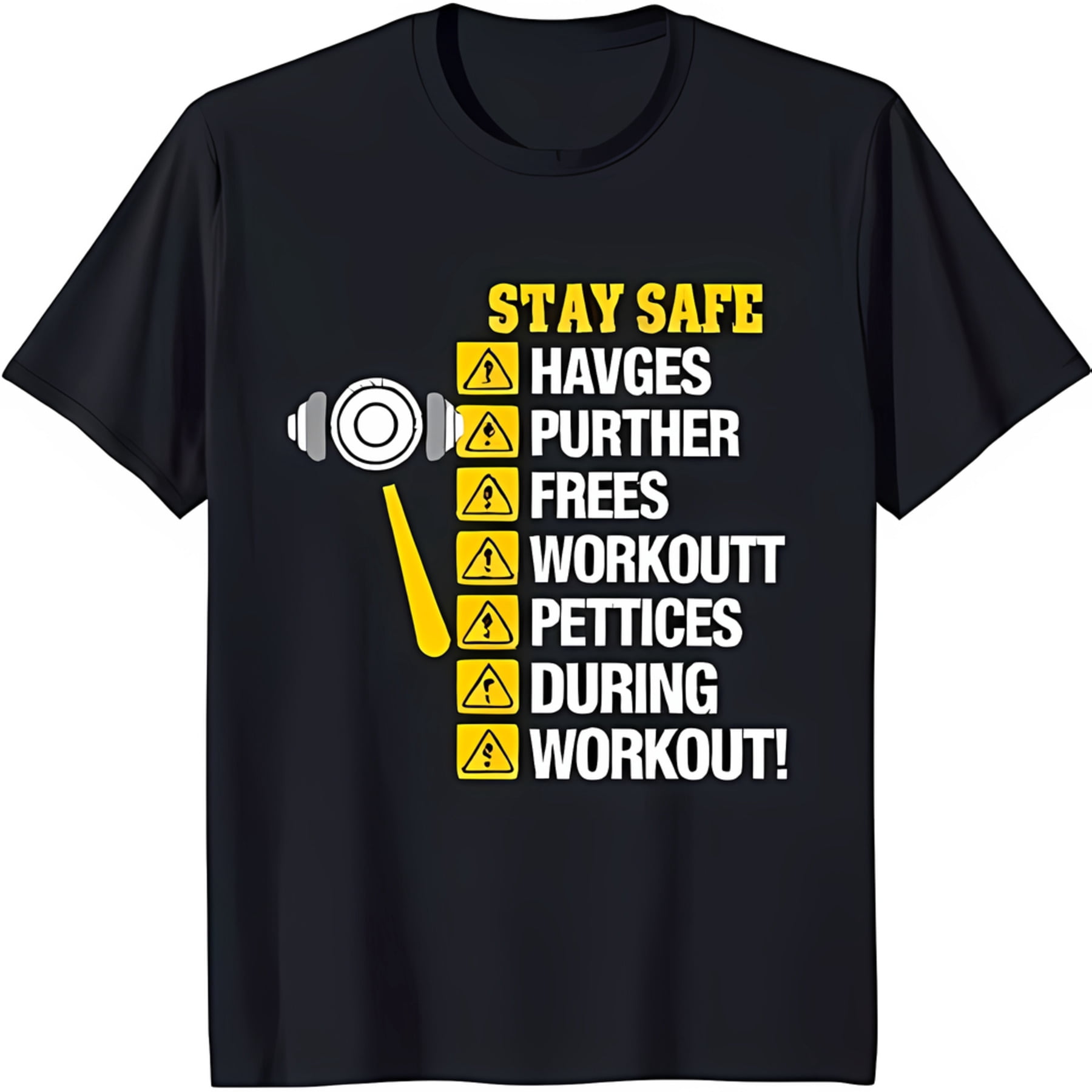 Stay Safe Black T-Shirt with Weightlifting Warning Sign & Workout List ...