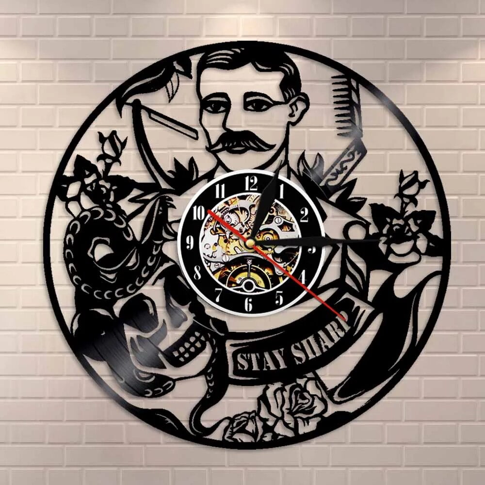 Stay Sharp Barber Shop Quote Vinyl Wall Clock,Vinyl Record Clock Wall ...