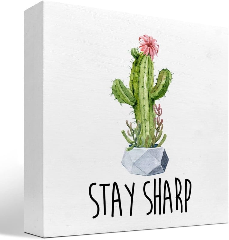 Stay Sharp Inspirational Wood Box Sign Decor Desk Sign,Farmhouse Cactus ...