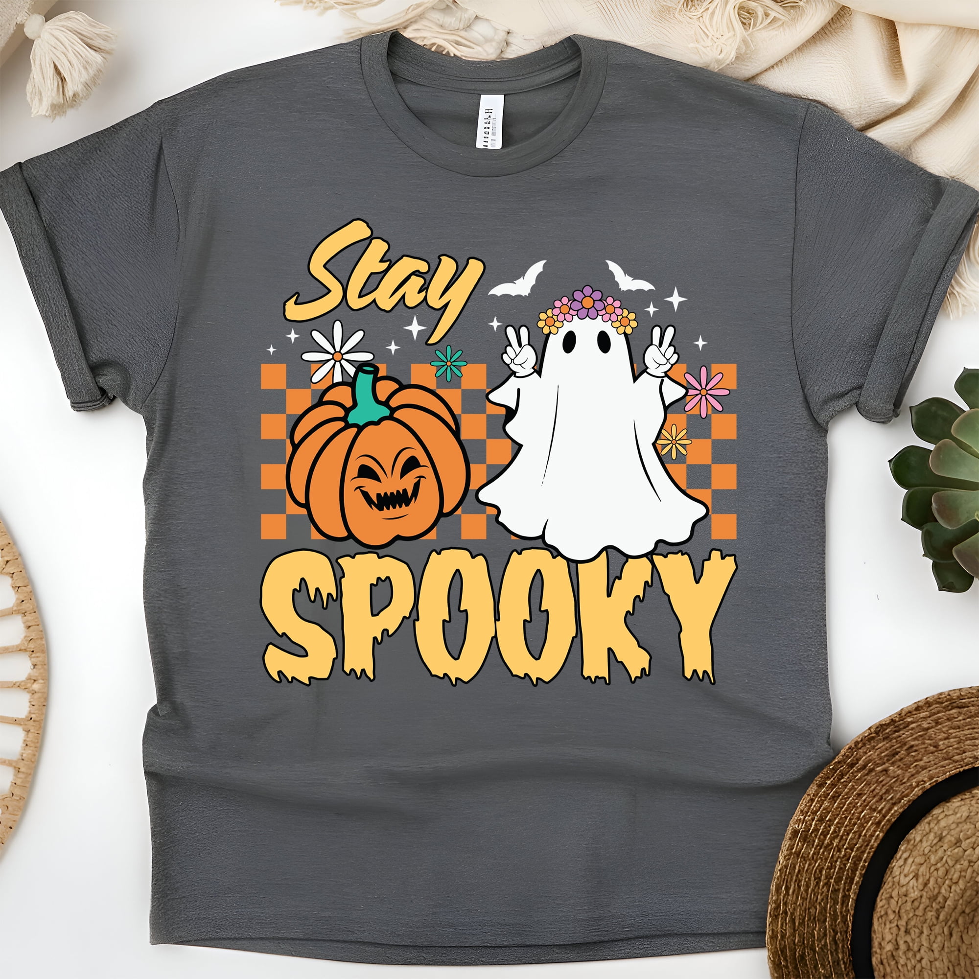 Stay Spooky Ghost Pumpkin Shirt | Retro Checker Halloween T-Shirt, Dark ...