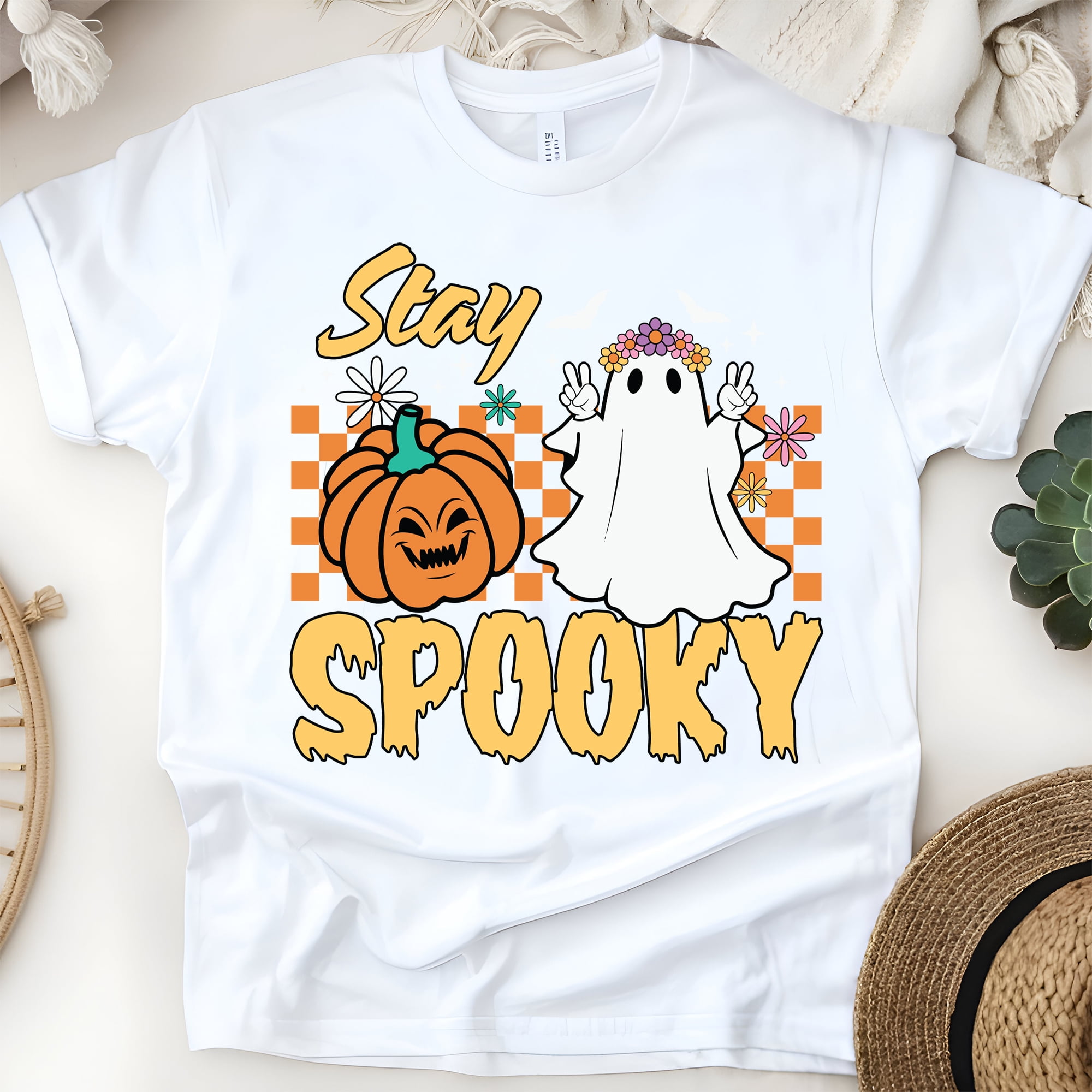 Stay Spooky Ghost Pumpkin Shirt | Retro Checker Halloween T-Shirt ...
