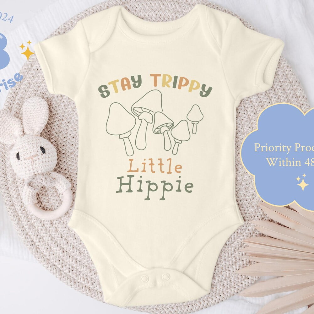Stay Trippy Little Hippie Baby Onesie, Boho Mushroom Bodysuit In Earthy ...