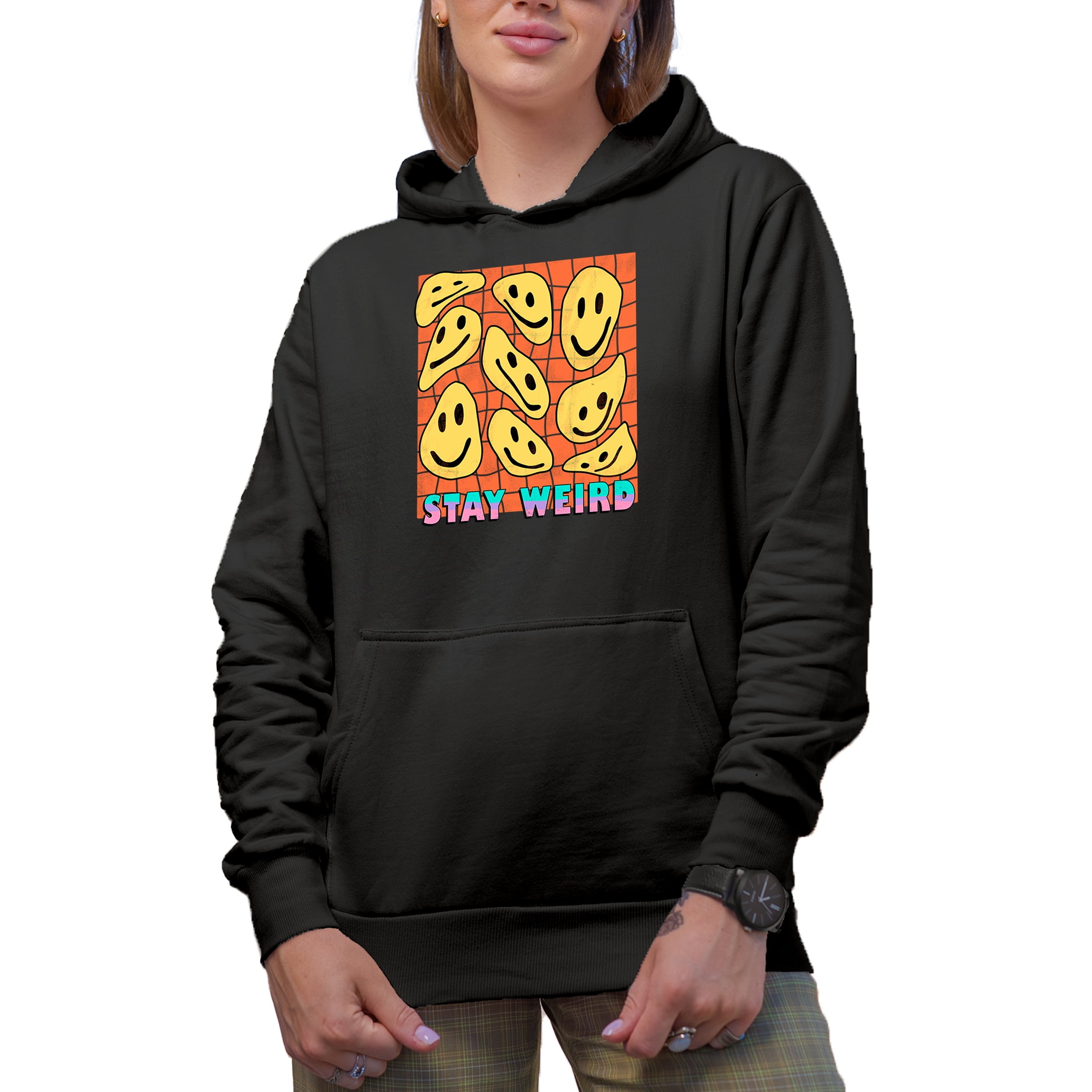 Stay Weird, Retro Wavy Smiling Faces Art Merch Gift, Black Hooded ...