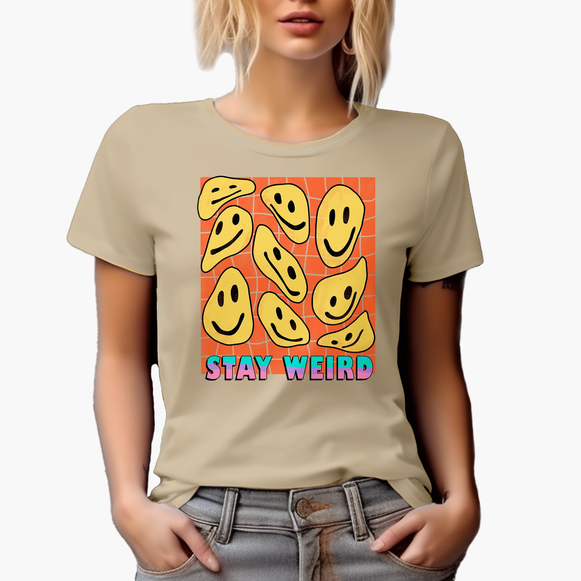 Stay Weird with Retro Wavy Smiling Faces Art Merch Gift, Tan T-Shirt ...