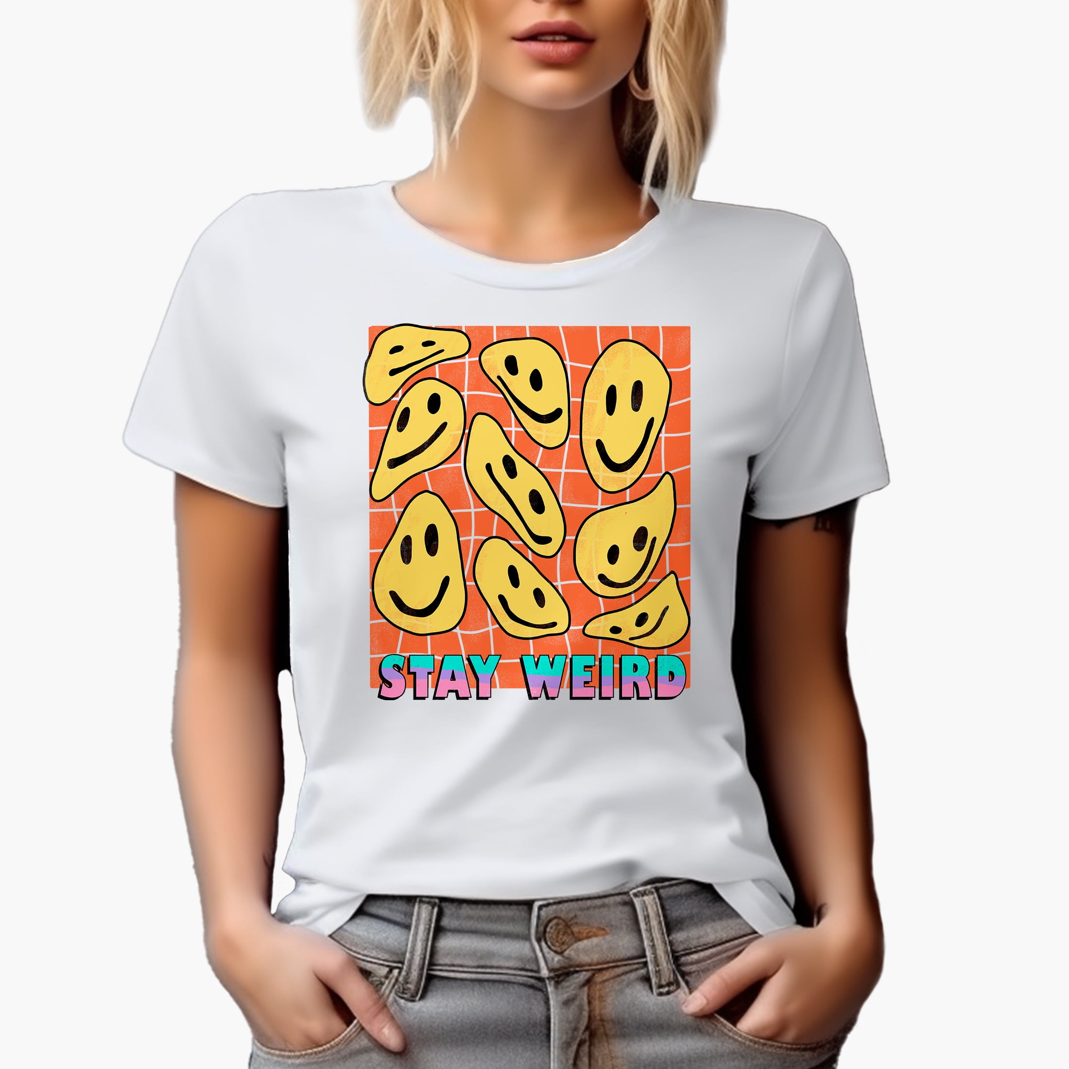 Stay Weird with Retro Wavy Smiling Faces Art Merch Gift, White T-Shirt ...
