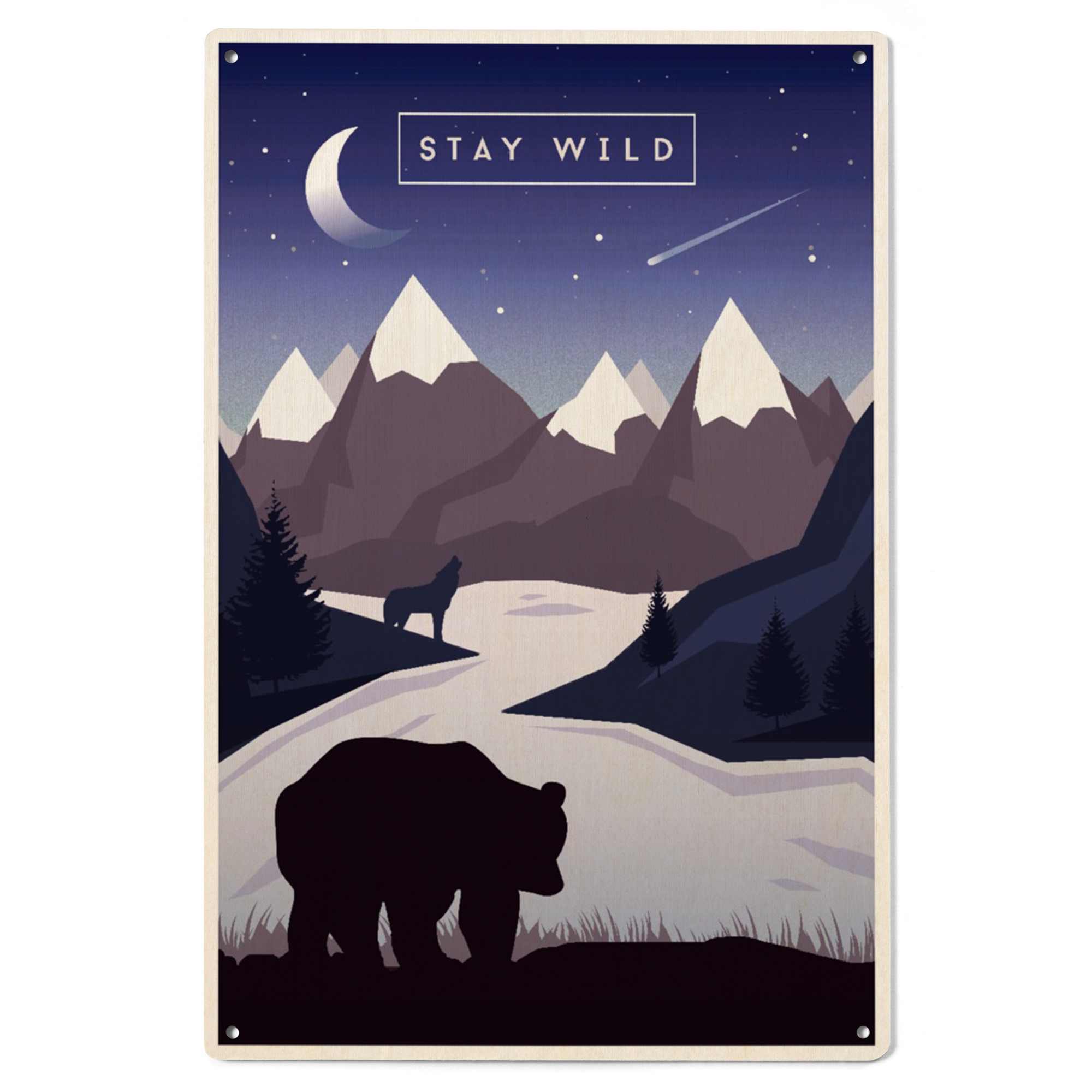 Stay Wild, Bear and Mountain Silhouette, Night Sky, Purple Birch Wood ...