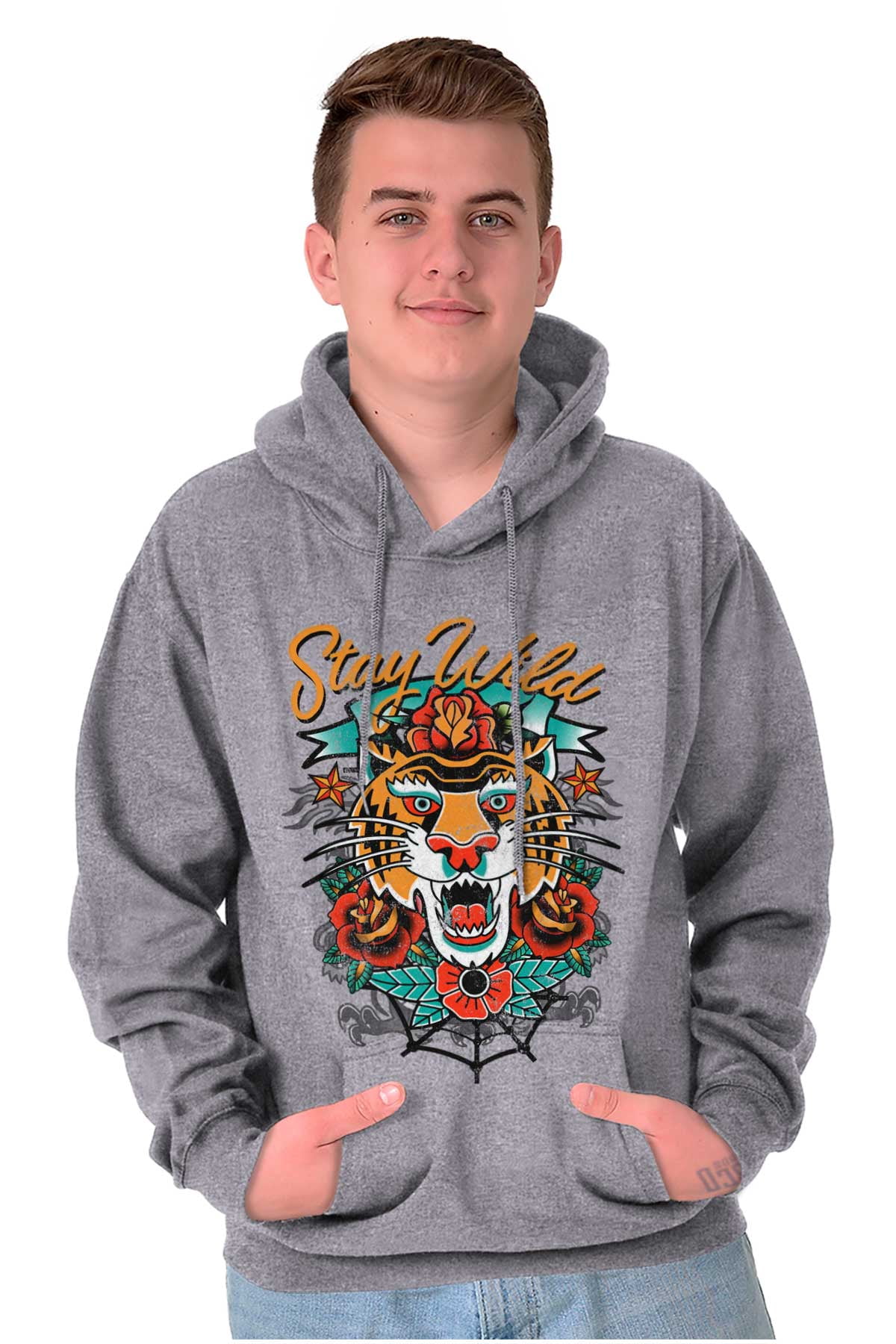 Stay Wild Tiger Head Rose Tattoo Unisex Plus Size Hoodie Brisco Brands ...