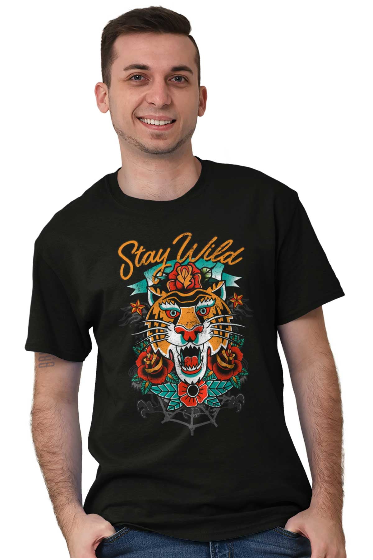 Stay Wild Tiger Head Rose Tattoo Men's Graphic T Shirt Tees Brisco Brands 5X - Walmart.com
