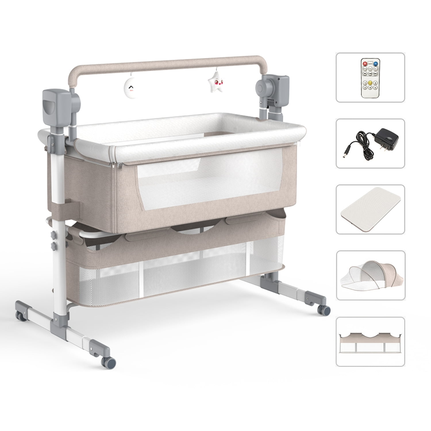 SteAnny Electric Rocking Crib with Remote, Bedside Sleeper, Storage ...