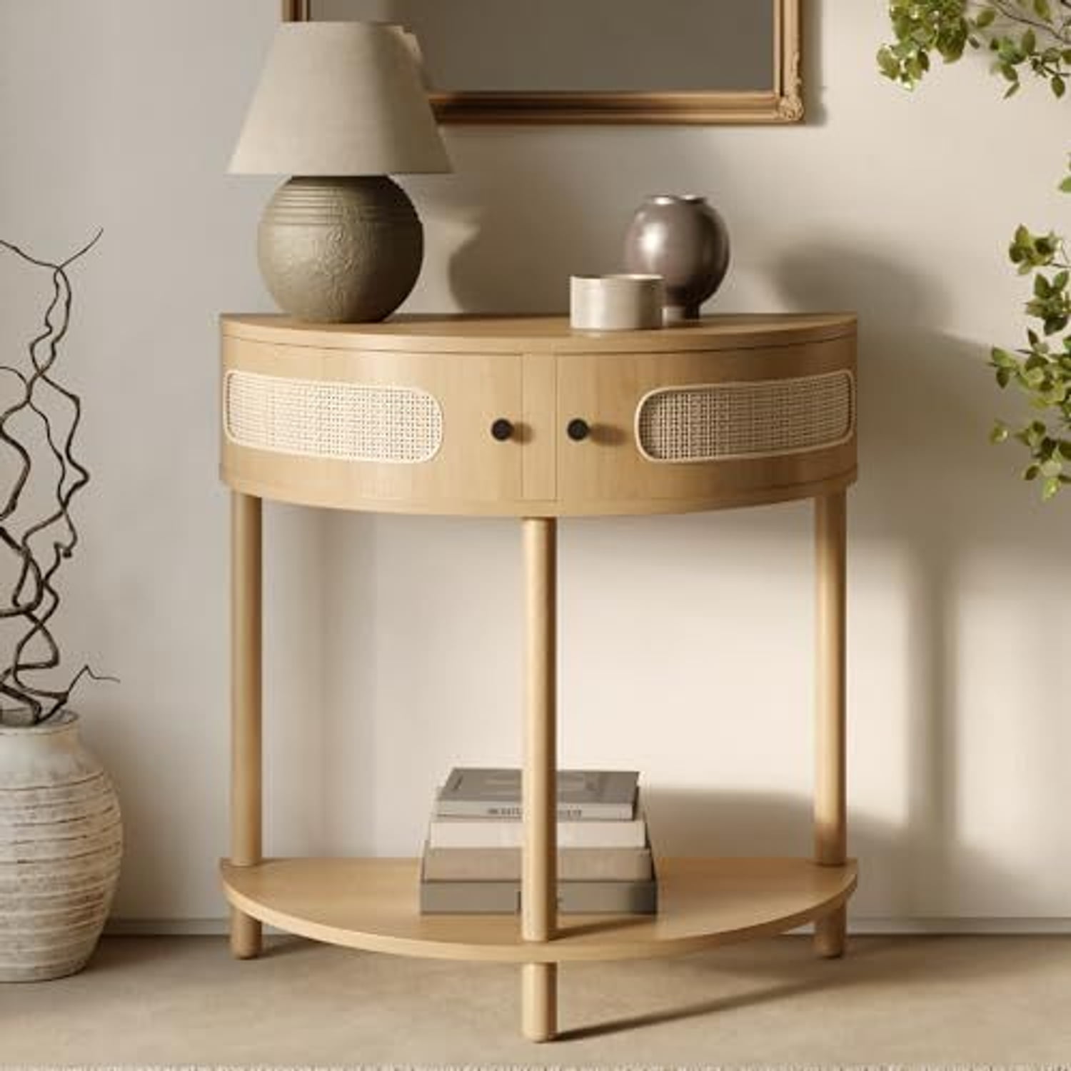 Stead Rattan Half Moon Shaped Entry Table, Small Console Table with ...