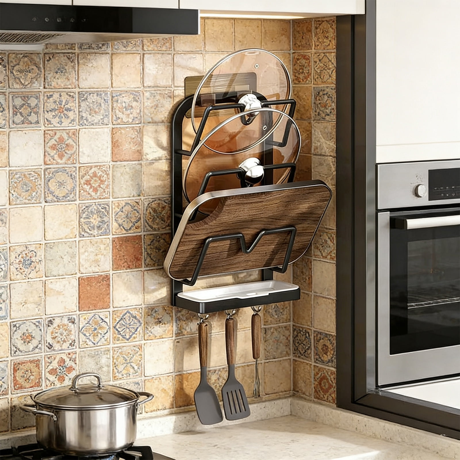 Steadline No Drill Wall Mounted Pot Lid Rack with Removable Tray,7.87 ...